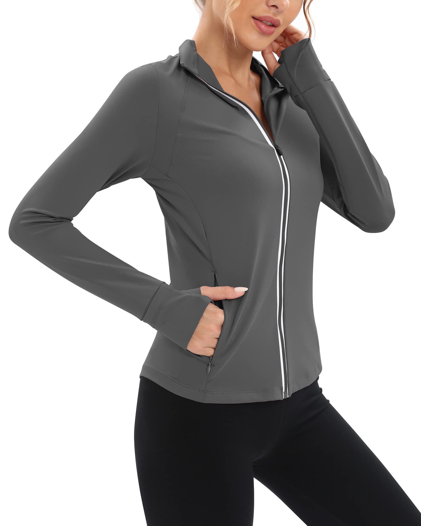Runhit Lightweight Running Jacket for Women Long Sleeve Compression Shirts Zip Up Athletic Track Jacket UPF 50 Sun Protection Shirts Grey Small