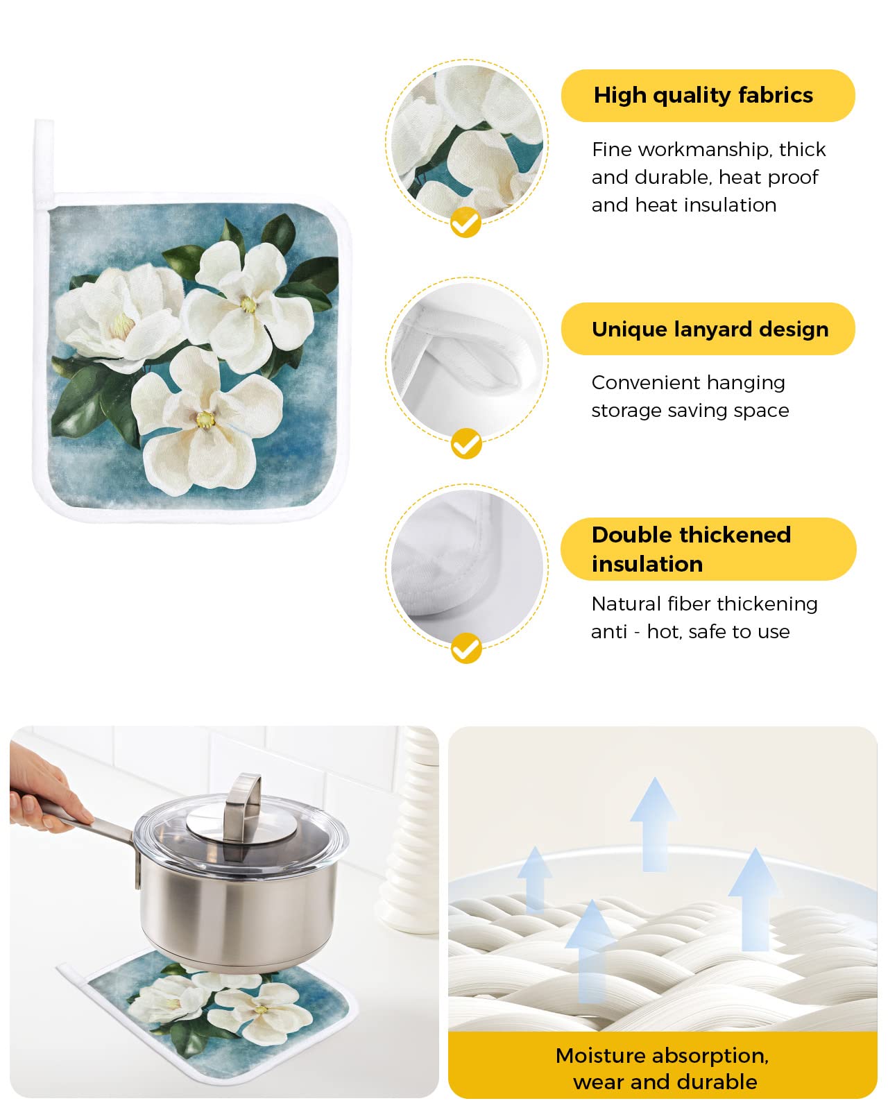 Pot Holders Set of 4,Country White Flower Green Leaf Potholder for Kitchen Heat-Proof Hot Pads,Rural Blooming Floral Blue Gradient Back Hot Mats Potholders for Cooking Baking BBQ