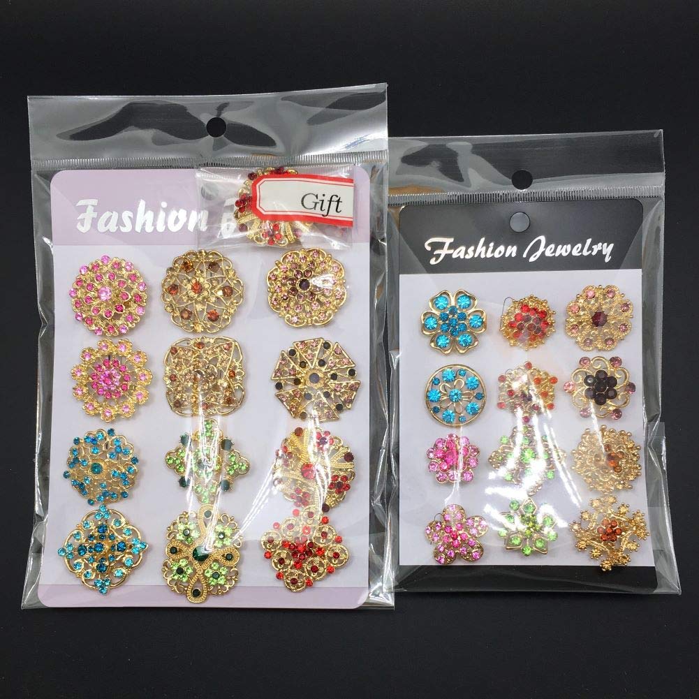Lot 24pc Mixed Color Rhinestone Crystal Flower Brooches Pins