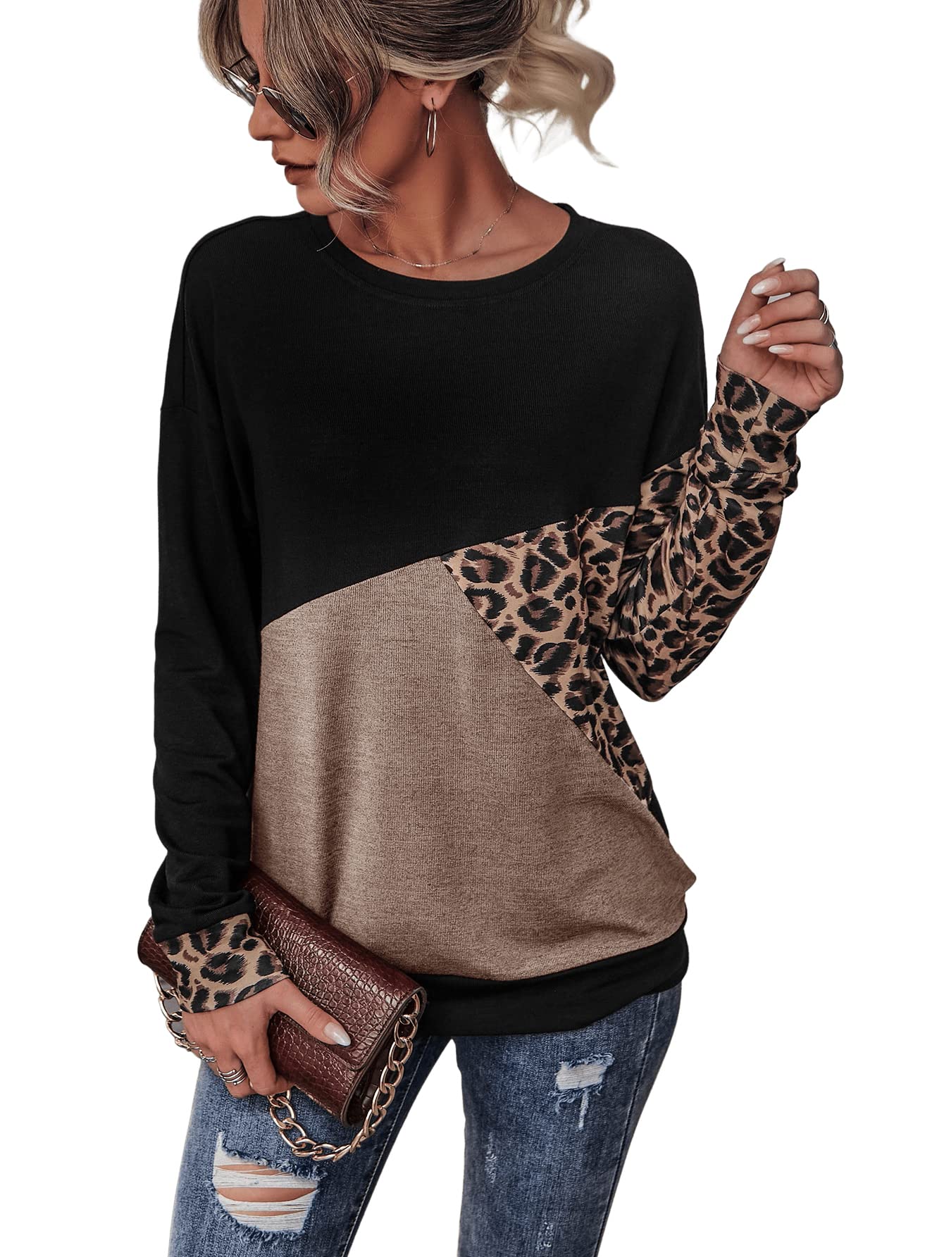 SOLY HUX Women's Casual Long Sleeve Color Block Leopard Print T Shirts Light Multicoloured S