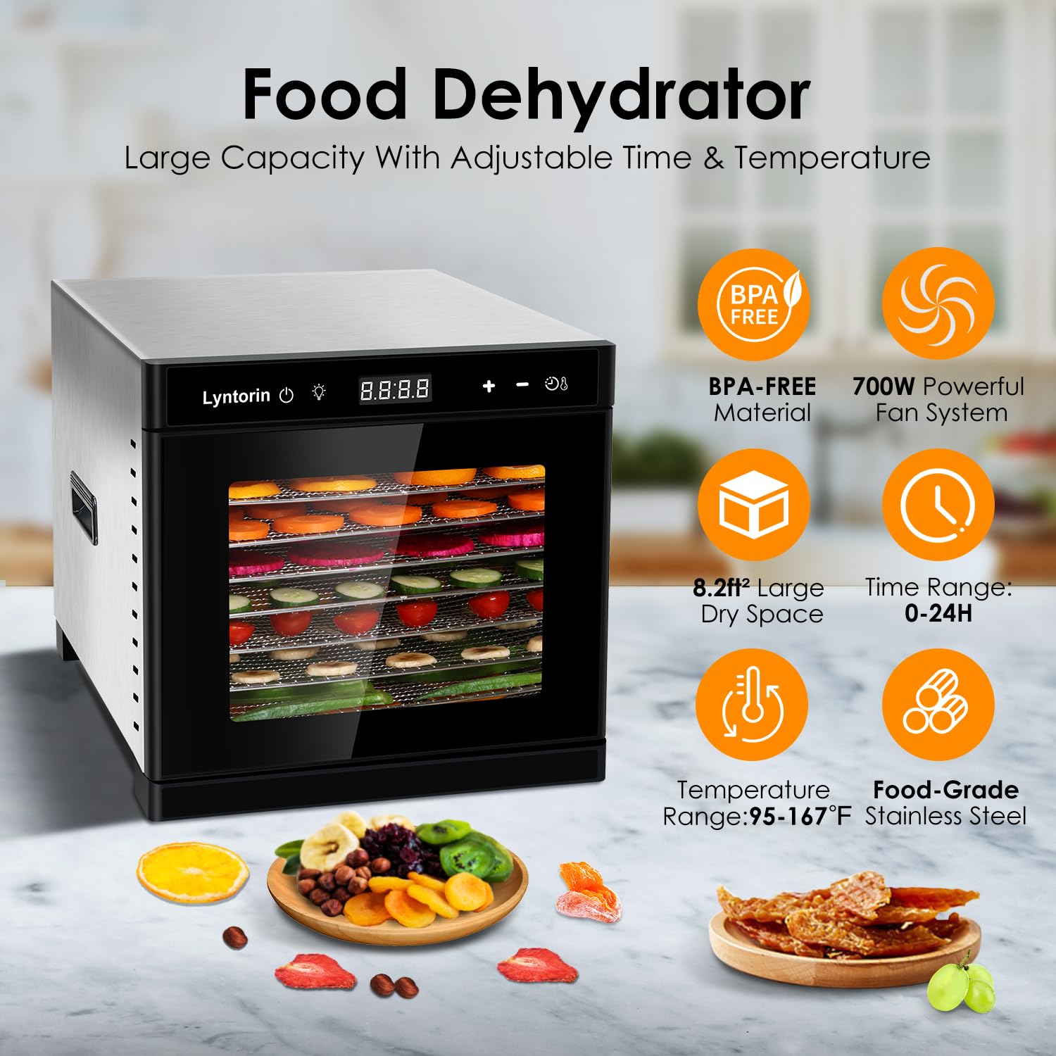LynTorin Food Dehydrator Machine, 700W 8 Trays Dehydrators for Food and Jerky with 95-167β Temperature & 24H Timer, Food Dehydrator 19pcs Tray&Sheet