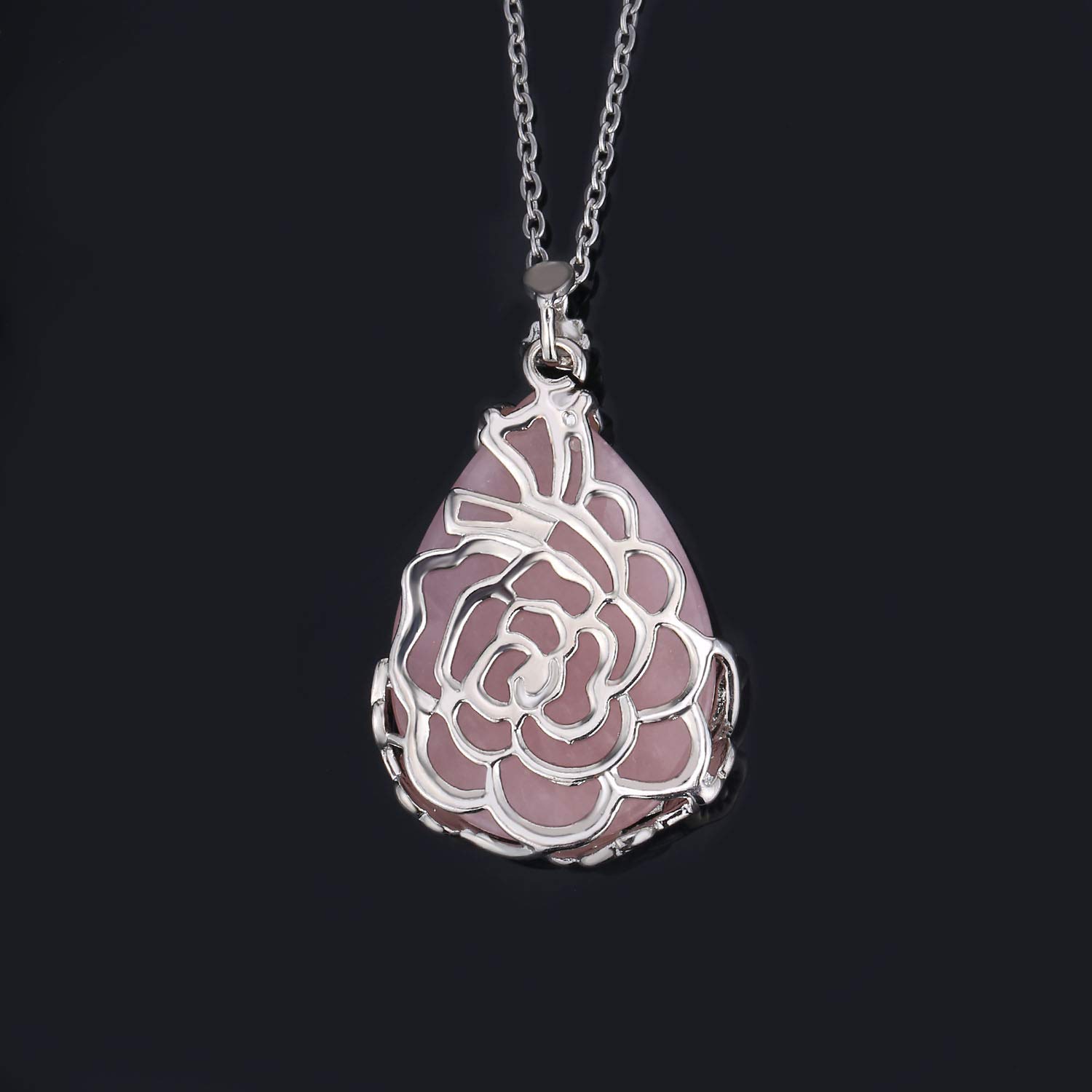 KISSPAT Natural Teardrop Rose Quartz Pendant Necklace on 20" Stainless Steel Chain