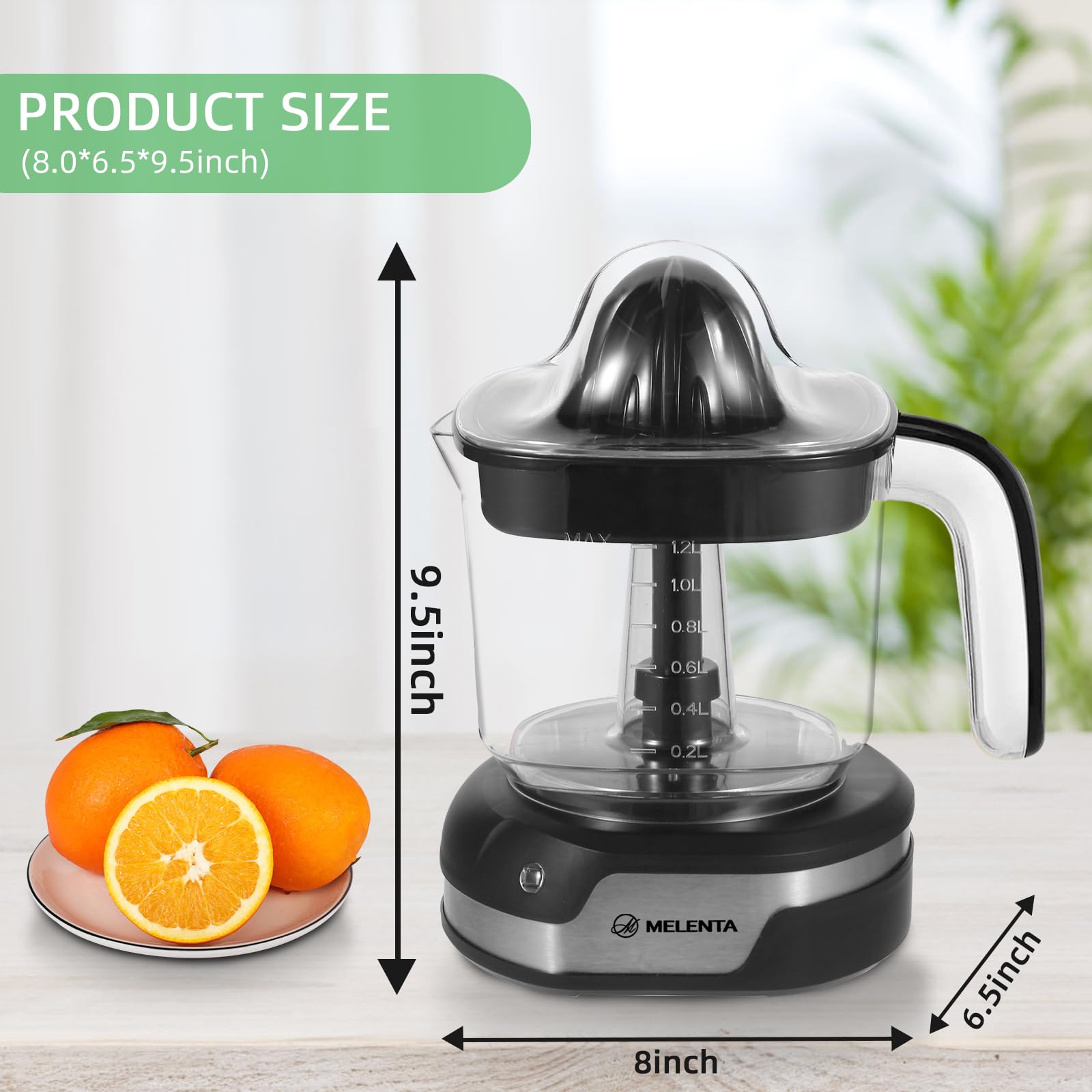 M MELENTA Electric Citrus Juicer Machine, 1.2L Large Volume Lemon Squeezer with Powerful & Quiet Motor, Pulp Control, Easy to Clean, Orange Juicer for Grapefruits, Limes, Oranges and Lemons, Green