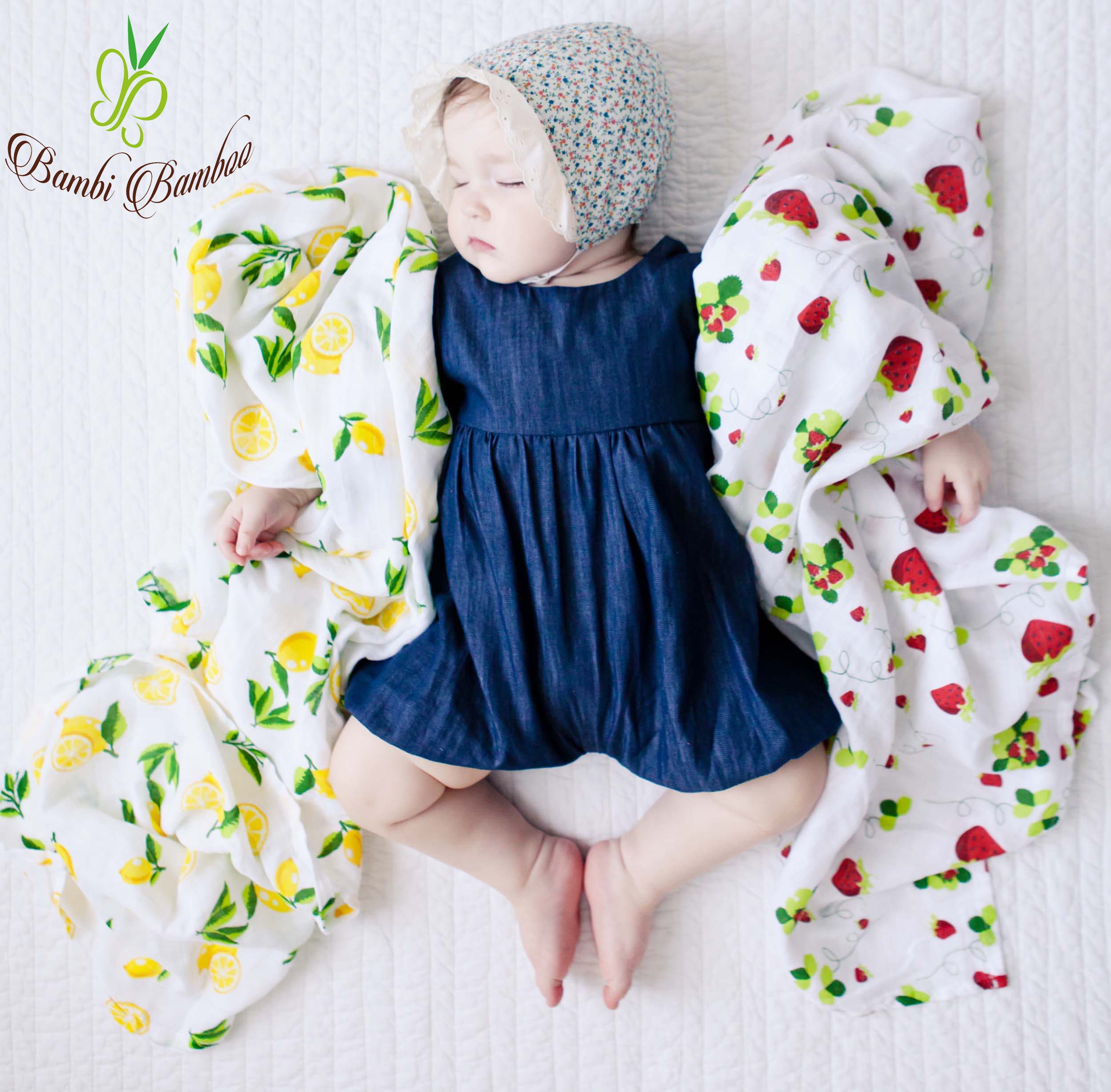 KloudBambu Muslin Swaddle Receiving Blankets, Strawberry Lemon, Extra Large Unisex Breathable Ultra Soft, Baby Registry Essentials