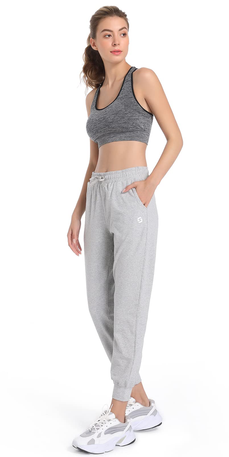 S Spowind Women's Cotton Jogger Sweat Pants with Pockets Lightweight Tapered Track Sweatpants for Running Athletic Yoga Lounge Black