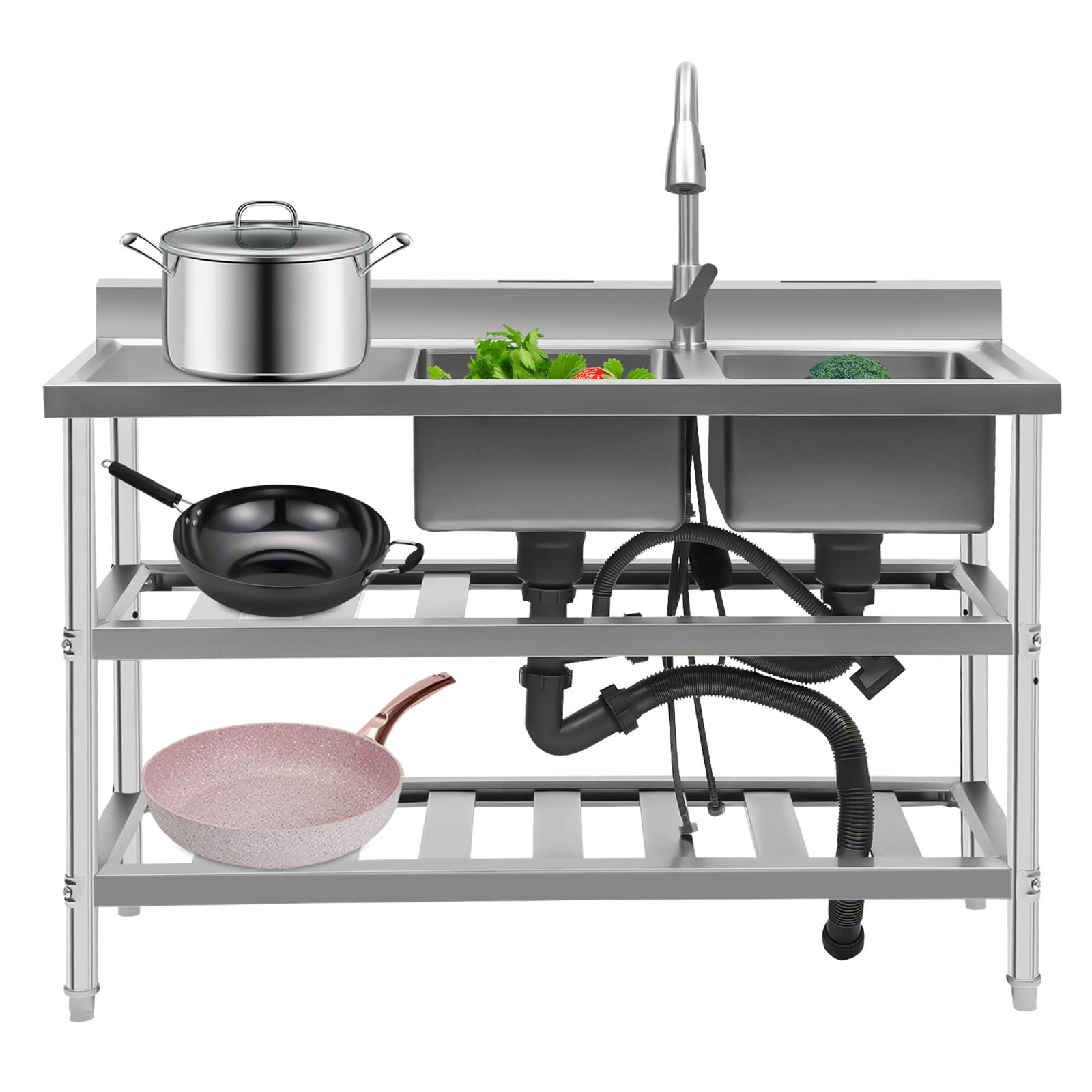 Kitchen Sink, Stainless Steel Double Bowl Utility Sink,Commercial Free Standing Dining Room Sink Kit, Prep & Utility Washing Hand Basin W/Workbench, For Laundry, Garage, Cafe Bar (47.2*17.7*31.8inch)