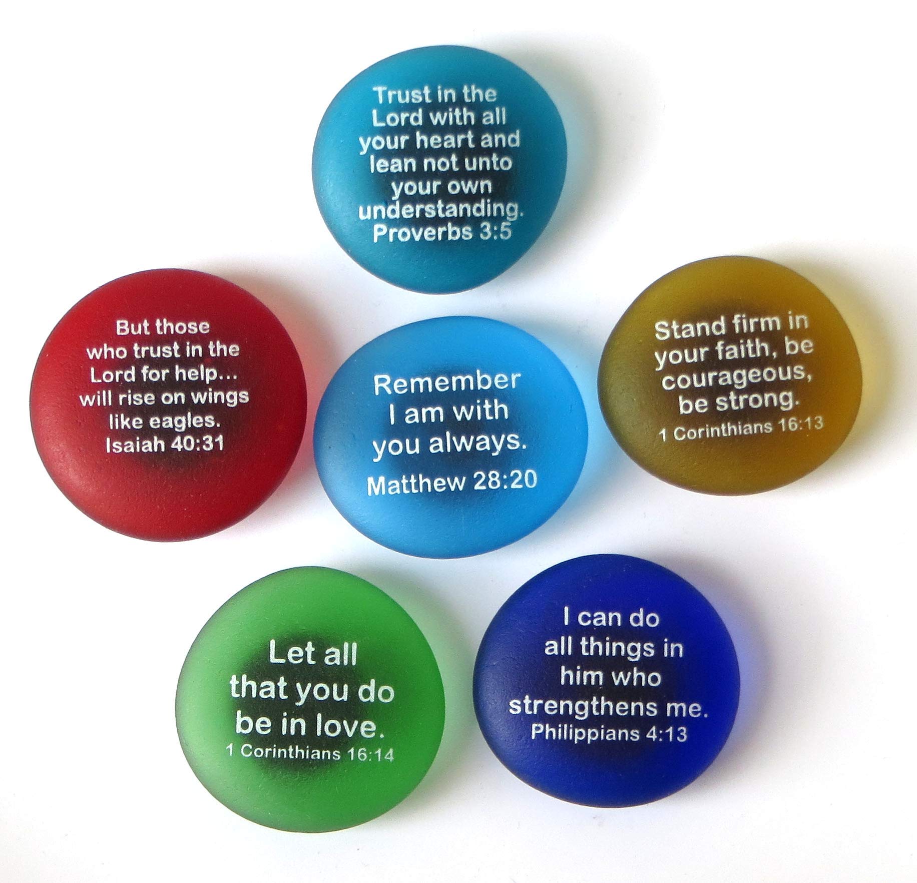 Scripture Magnets, Your Favorite Inspirational Bible Verses Printed On Frosted Sea Glass Stones, Attached to Super-Strong Magnets. by Lifeforce Glass