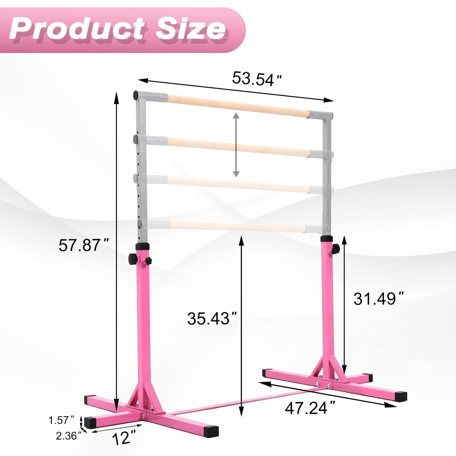 PanAme Expandable Gymnastics Kip Bars, 3' to 5' Adjustable Height Horizontal Bars, Home Gym Equipment for Junior Training Monkey Bars for Kids Indoor (Pink)