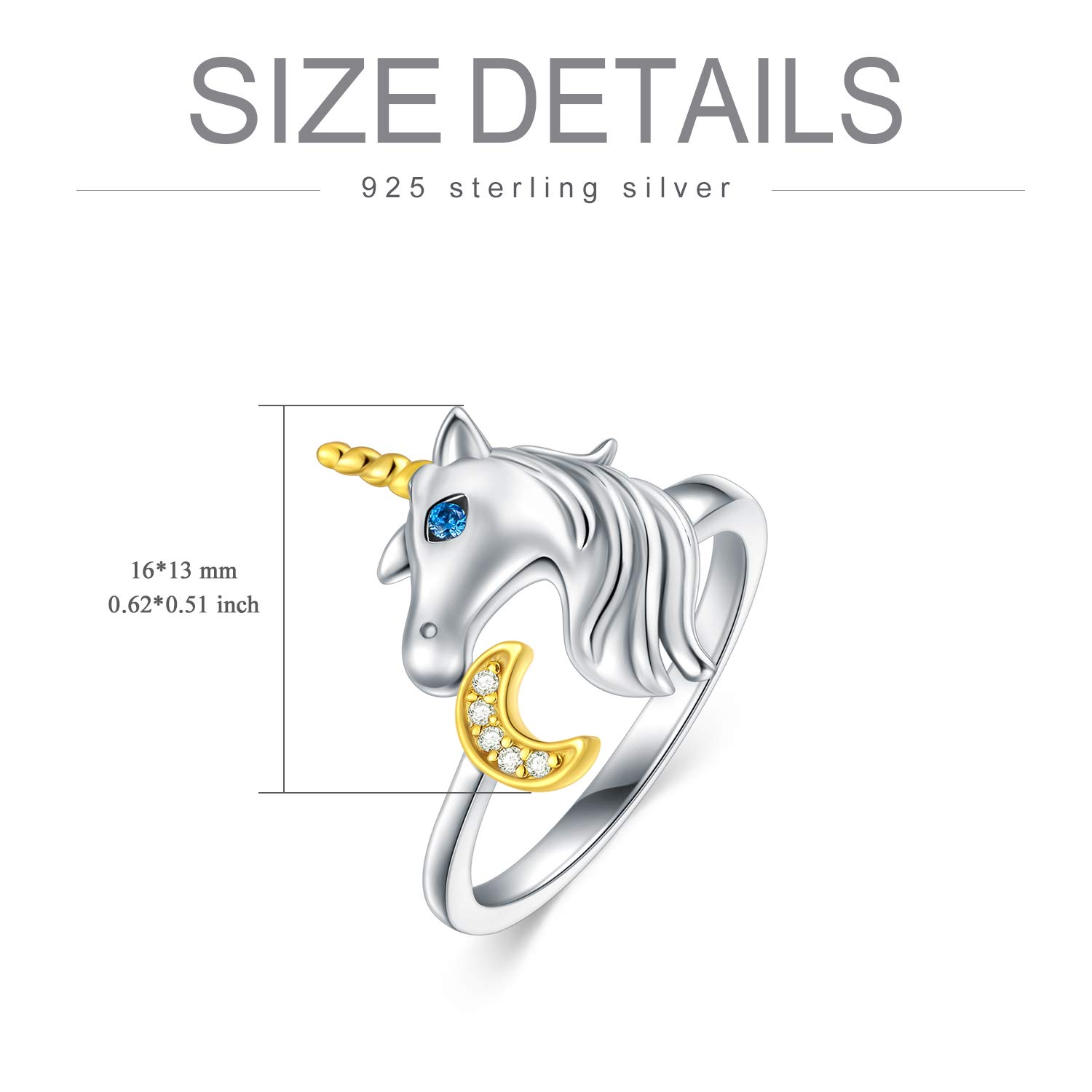 LONAGO Unicorn Ring with Moon Sterling Silver Unicorn Stacking Ring for Women (silver, 7)