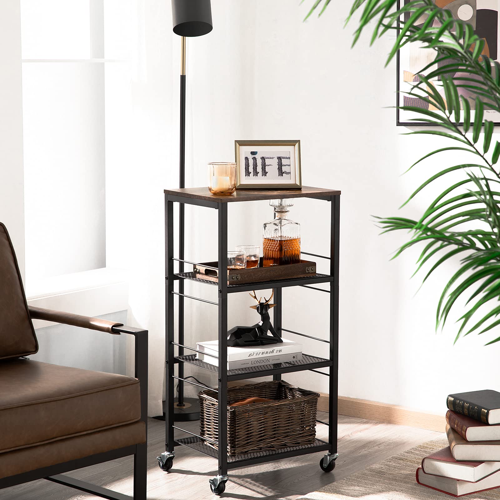 Kitchen Baker's Rack 4 Tier Utility Industrial Kitchen Serving Cart on Wheels Mobile Unit Shelves, Microwave Oven Printer Stand with Storage Cart Trolley Coffee Station for Home Bar Office