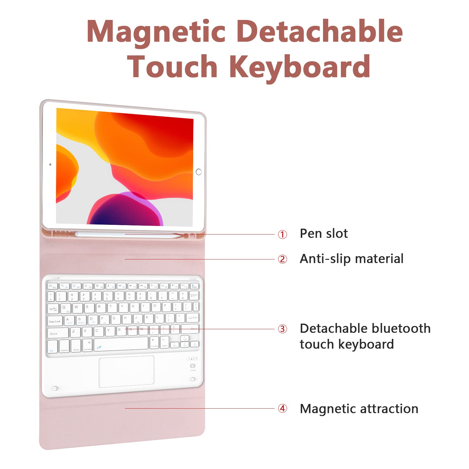 Touchpad Keyboard Case for iPad 10.2 2021 9th Generation/2020 8th Gen/2019 7th Gen, Detachable Wireless Keyboard Cover with Pencil Holder for New iPad 9th Gen/8th Gen/7th Gen, Air 3, Pro 10.5, Pink