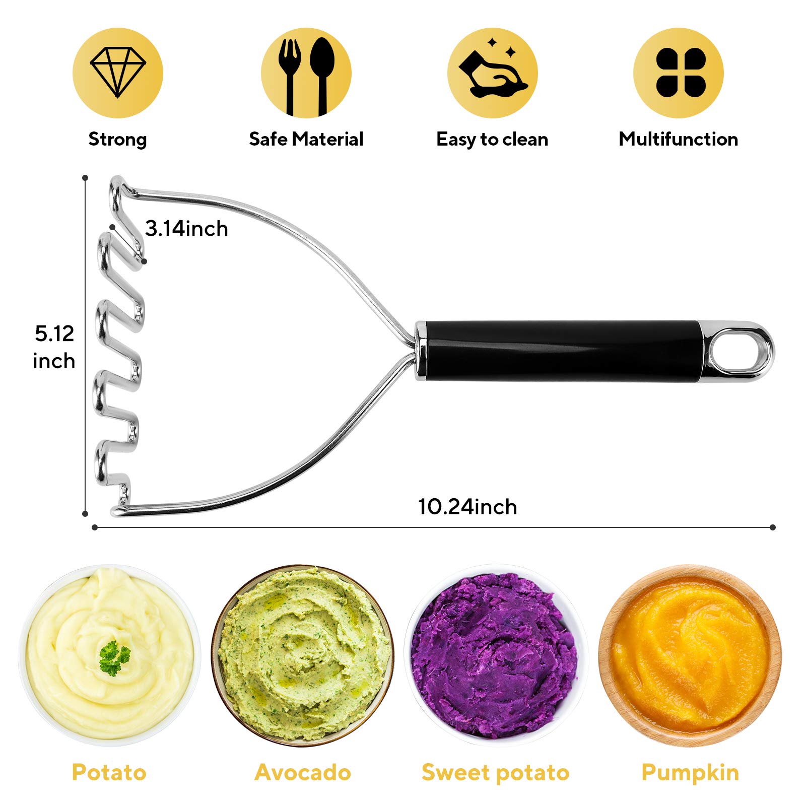 Potato Masher, Potato Masher Stainless Steel, Heavy Duty Mashed Potatoes Masher, Professional Metal Wire Masher Kitchen Tool for Bean, avocado, Vegetable-10.24 inch (Silver)