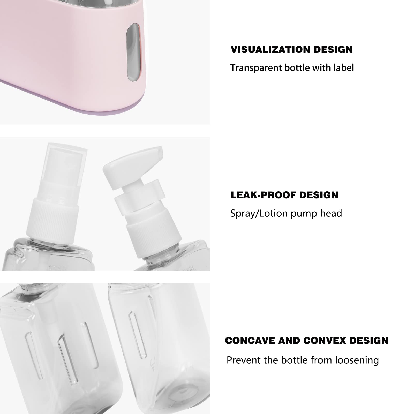Unaone Travel Bottles Set for Toiletries, 3 in 1 Travel Container Leak Proof Plastic Refillable Travel Bottles Set, Travel Accessories Kits for Shampoo Lotion Liquids, Pink