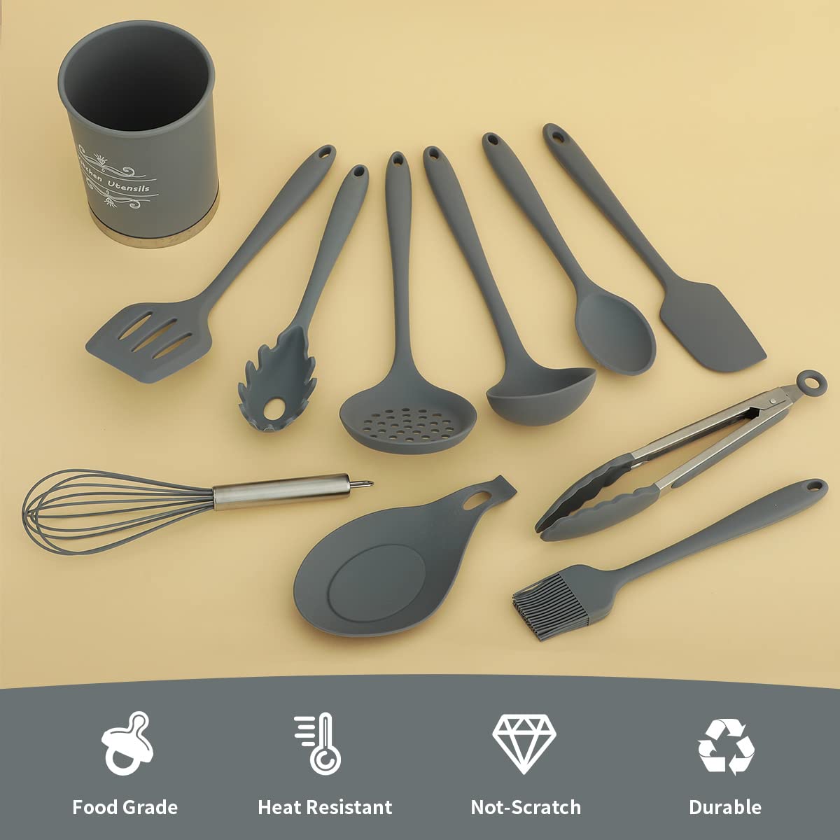 Kitchen Utensils Set, Silicone Cooking Utensils Set, 11 PCS Silicone Kitchen Utensil Set, Serving Utensils Kitchen Gadgets, Silicone Utensil Set Spatula Set Kitchen Tool (GREY)