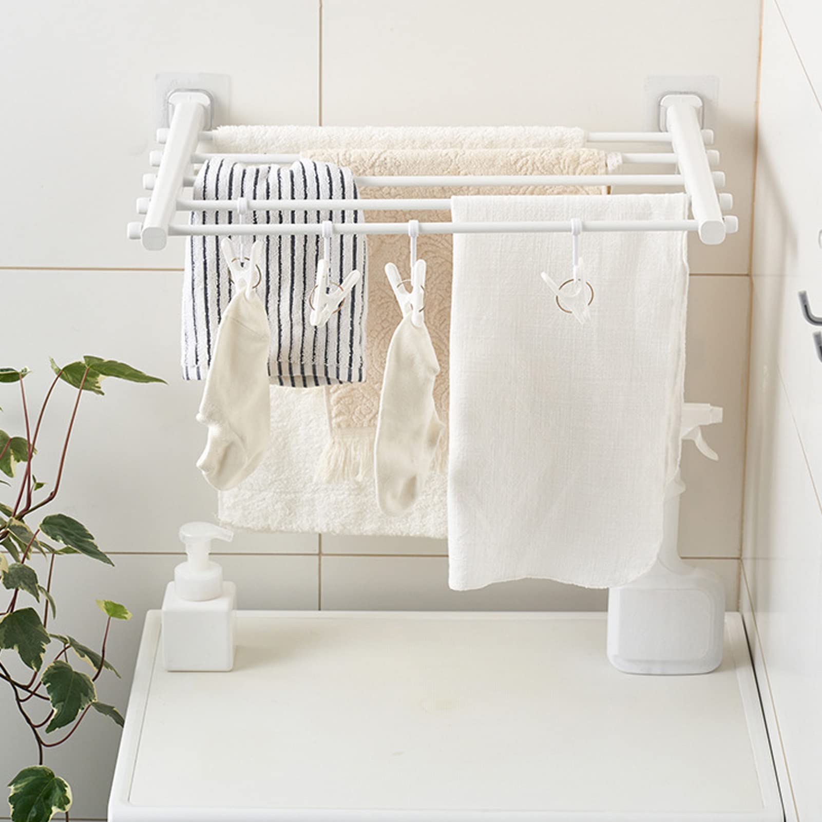 XTDHOMEDIAN Wall Mounted Clothes Drying Rack Folding Telescopic Plastic Laundry Rack for Indoor Balcony (600mm 8 Clips)