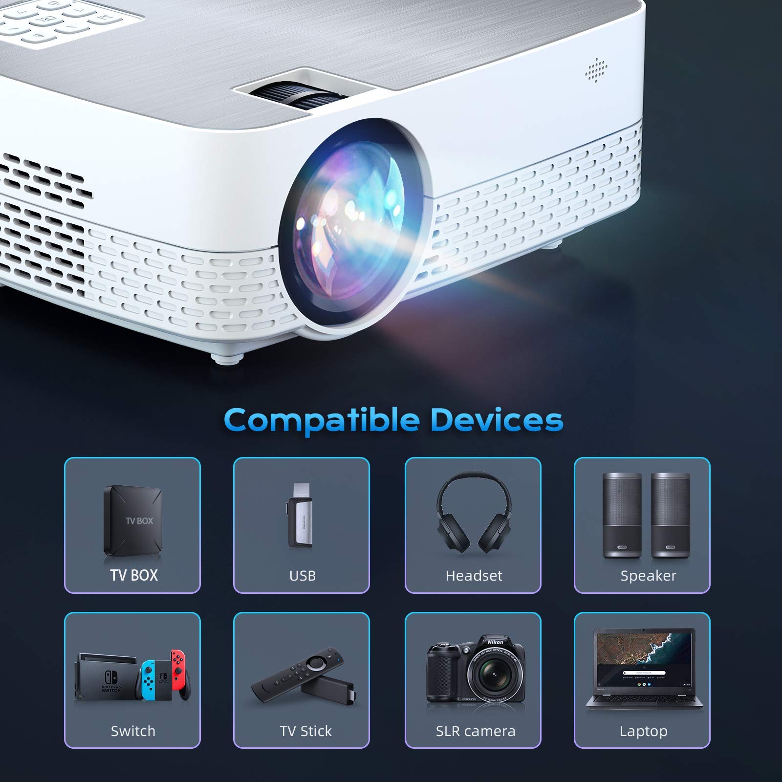 Movie Projector,6500 Lumens 1080P Supported HiFi Speaker for Home Theater Projector, 60,000 Hours LED lamp Life Outdoor Video Projector Compatible with TV Stick/Switch/Laptop/PS5/USB/HD Bloomidea
