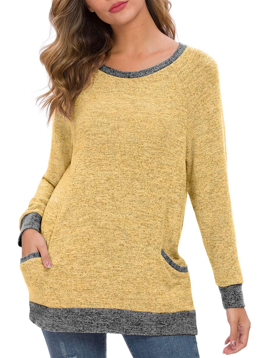 LILBETTER Women's Long Sleeve O-Neck Patchwork Casual Loose T-Shirts Blouse Tunic Tops(Yellow,Medium)