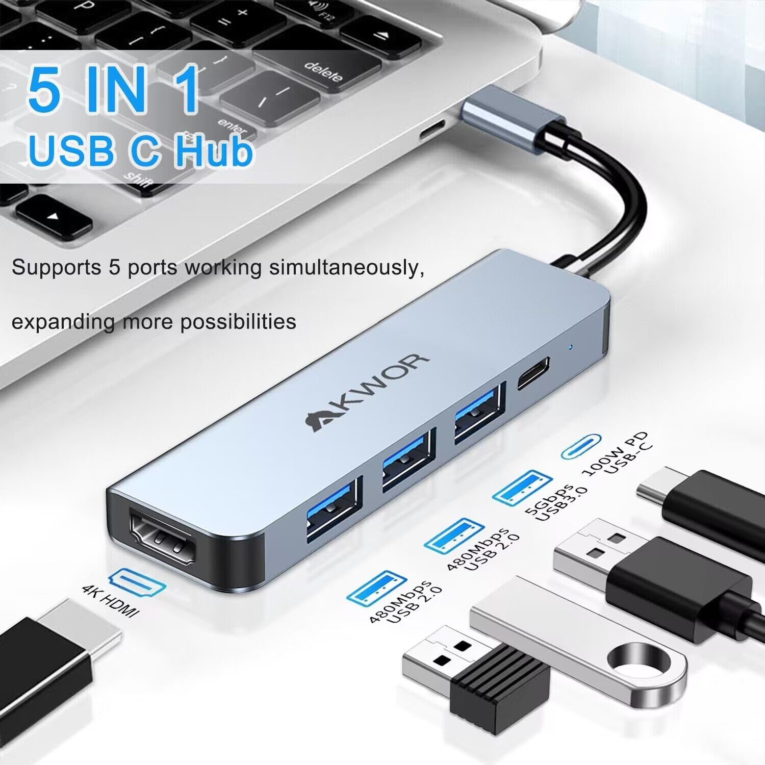 USB Hub 3.0 with 4 Ports, AKWOR Aluminium USB 3.0 Hub for Laptop Car pc