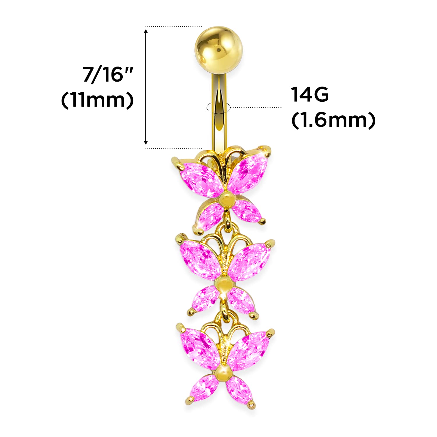 Pierce2GO 3 Butterflies Dangle Belly Button Ring - 14G Anodized Gold Surgical Steel Butterfly Belly Button Ring with Cubic Zirconia Stones - Belly Button Rings Piercing for Women β 7/16β (Gold, Pink)