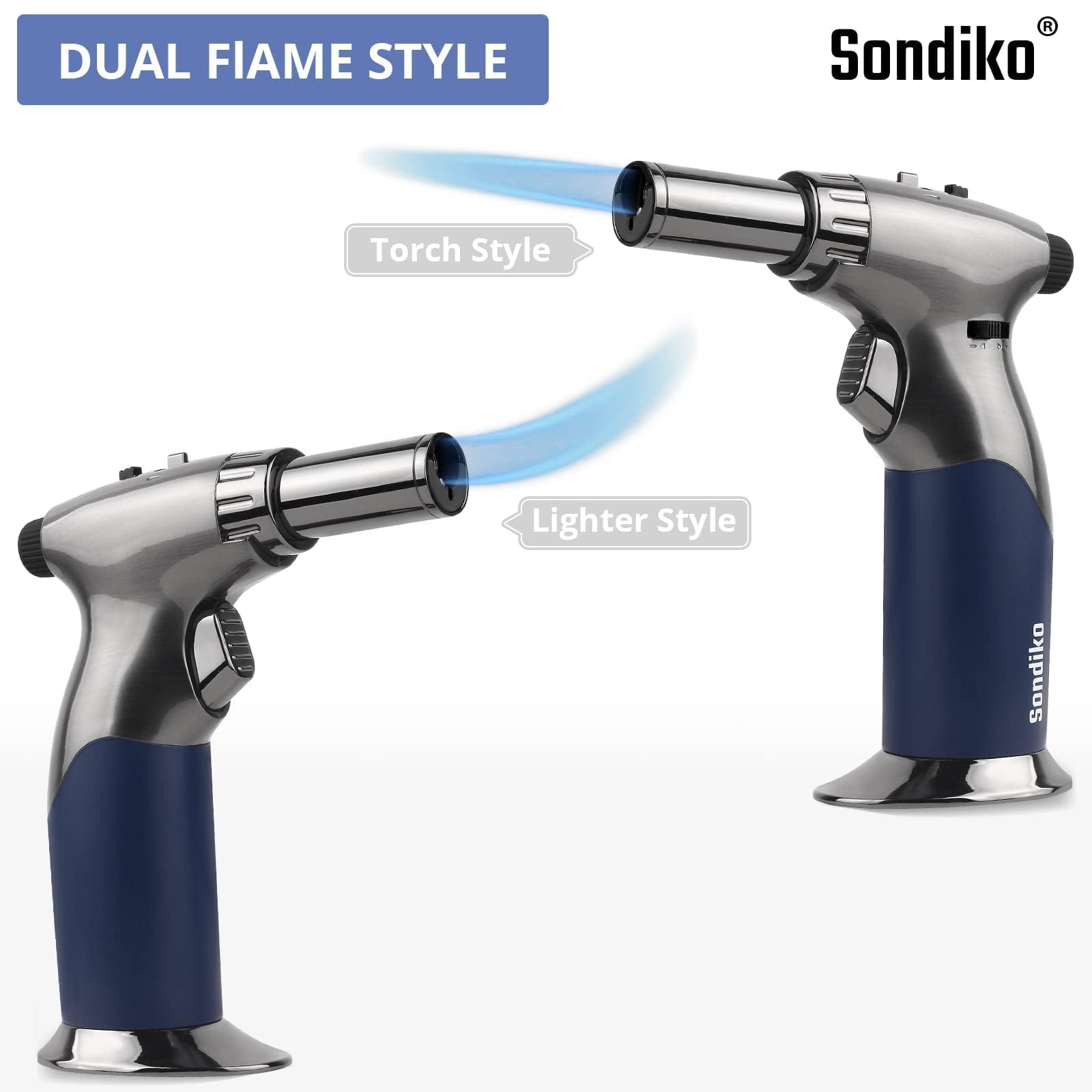 Sondiko Butane Torch, Dual Adjustable Flame Size Butane Torch Lighter, Mini Blow Torch, Refillable Blow Torch with Continuous Flame Lock for Creme Brulee, Cooking (Butane Gas Is Not Included)