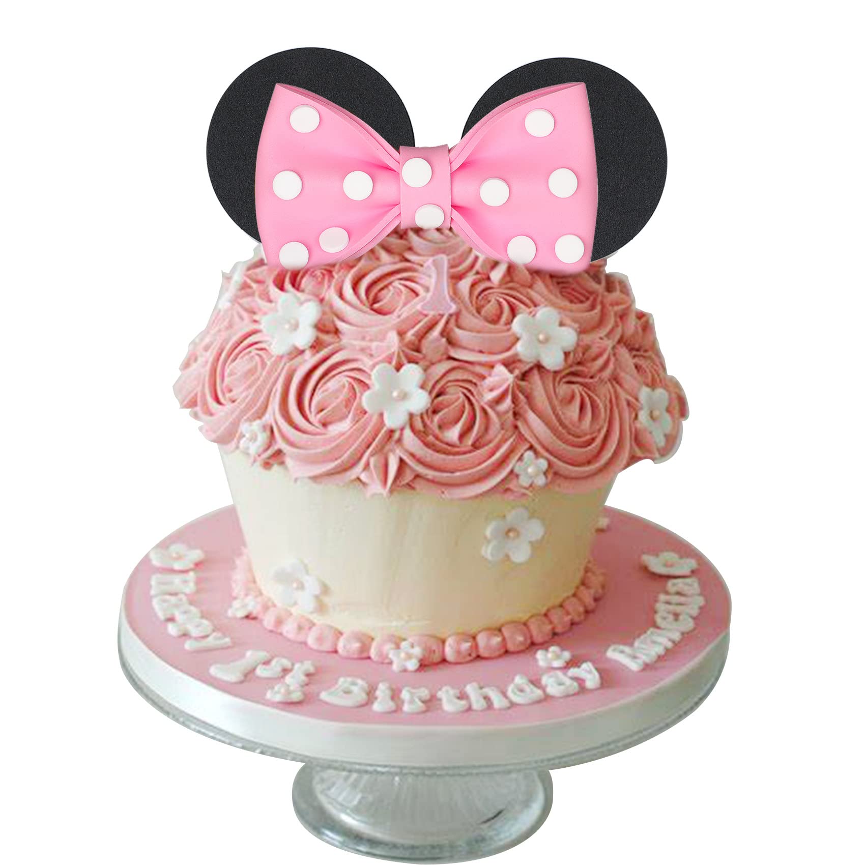 Mouse Cake Topper Pink Bow and Ears Party Supplies Decorations for Baby Girl Birthday