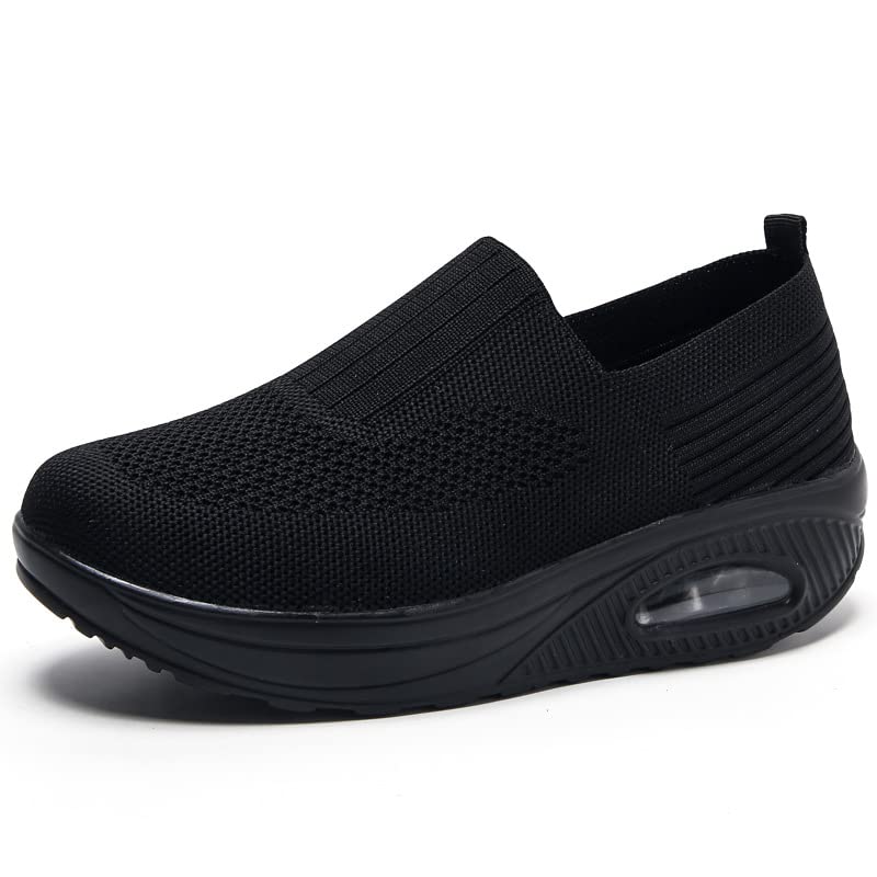 MUMMUG Womens Orthopedic Sneakers, Slip-On Air Cushion Platform Mesh Walking Sneaker (Black,7.5)