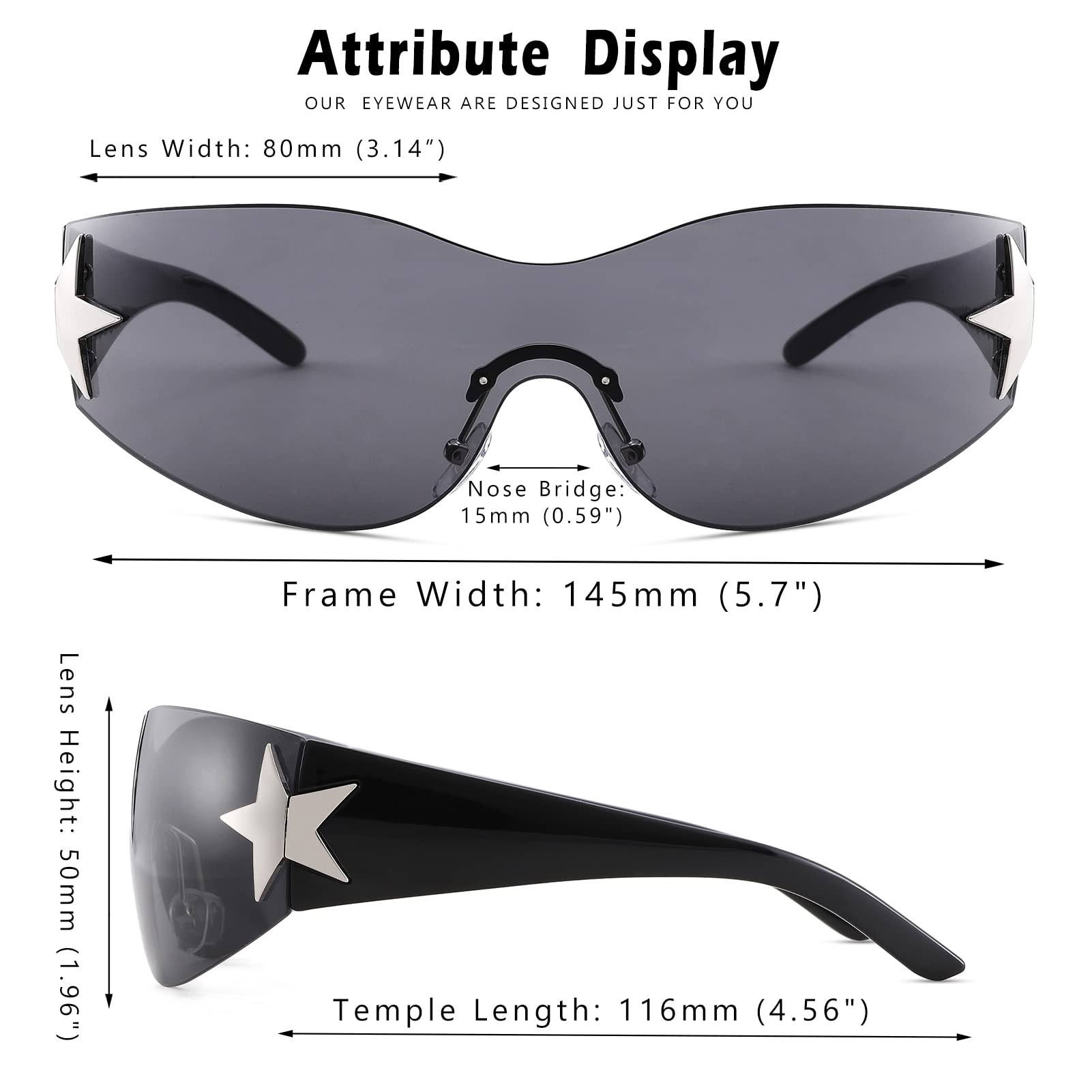 Pro Acme Y2k Star Sunglasses Women Wrap Around Glasses Trendy Rimless Shield Oversized Fashion Frameless(Black)
