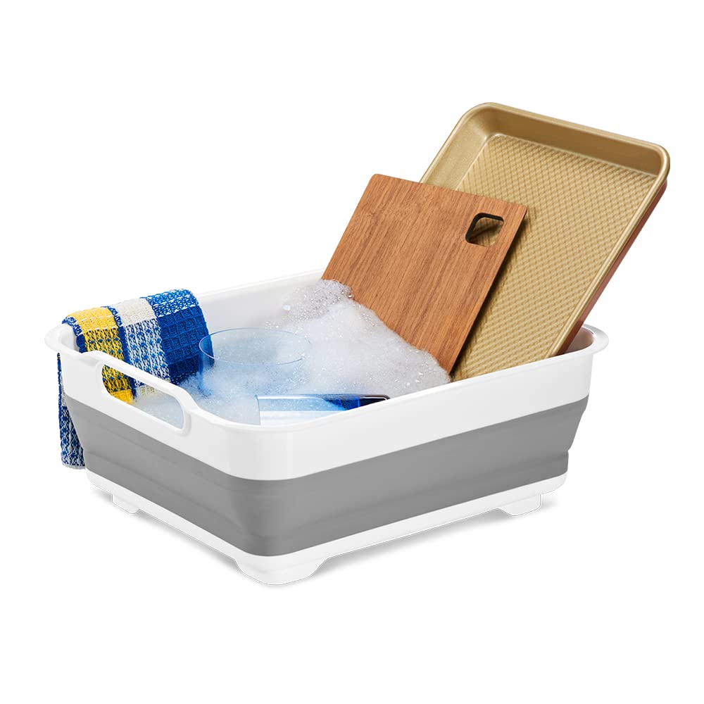 madesmart Collapsible Wash Basin with Handles, 14" x 12" x 5.6", BPA-Free Plastic Pop-Up Collapsible Dish Tub for Kitchen Counters, Easy Storage, White