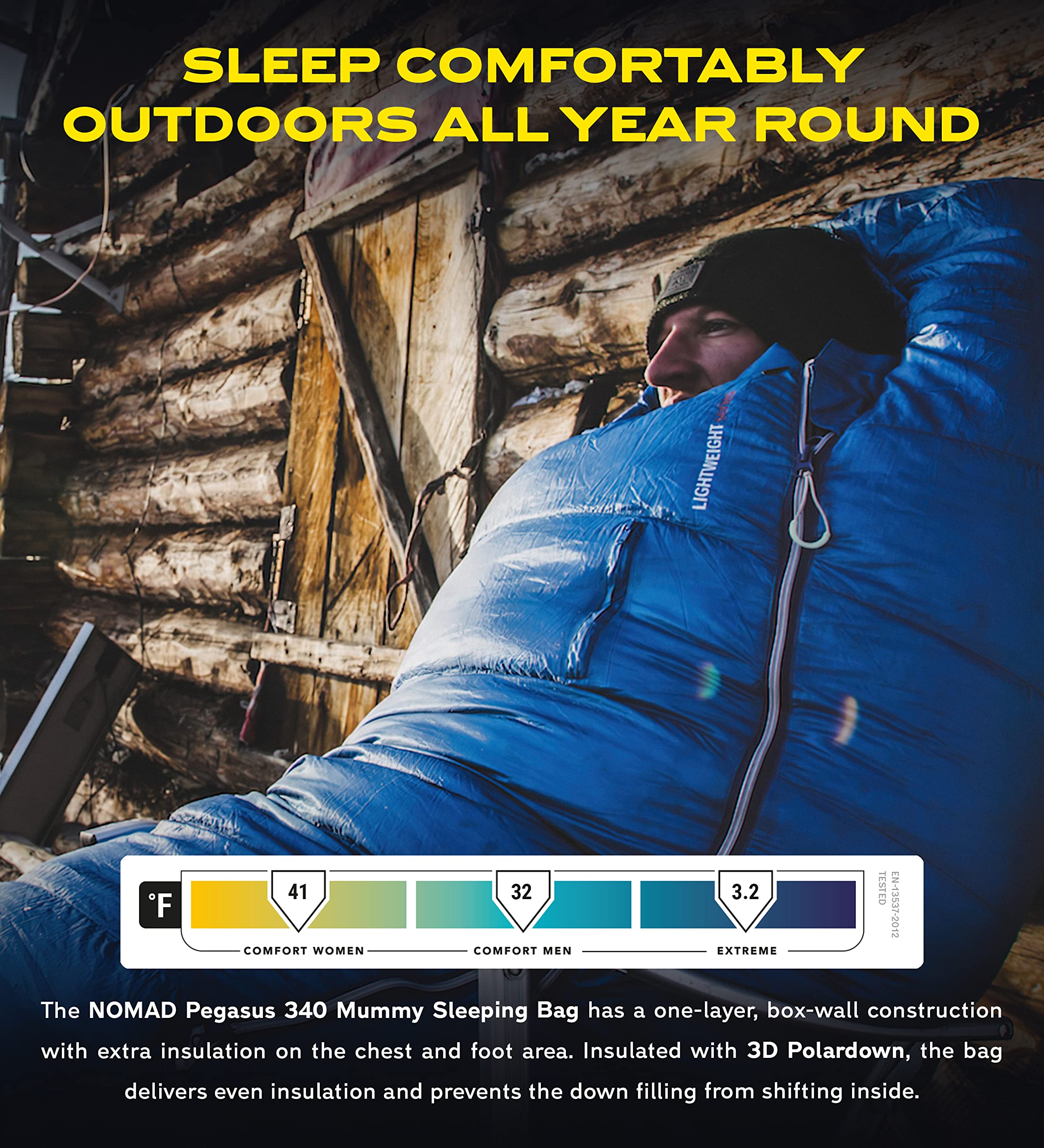NOMAD Pegasus 340 Mummy Sleeping Bag for 3 Seasons - Water-Resistant and Lightweight Sleep Sack with Compression Stuffsack and Mesh Storage Bag for Hikers, Campers, and Backpackers (Deep Sky)