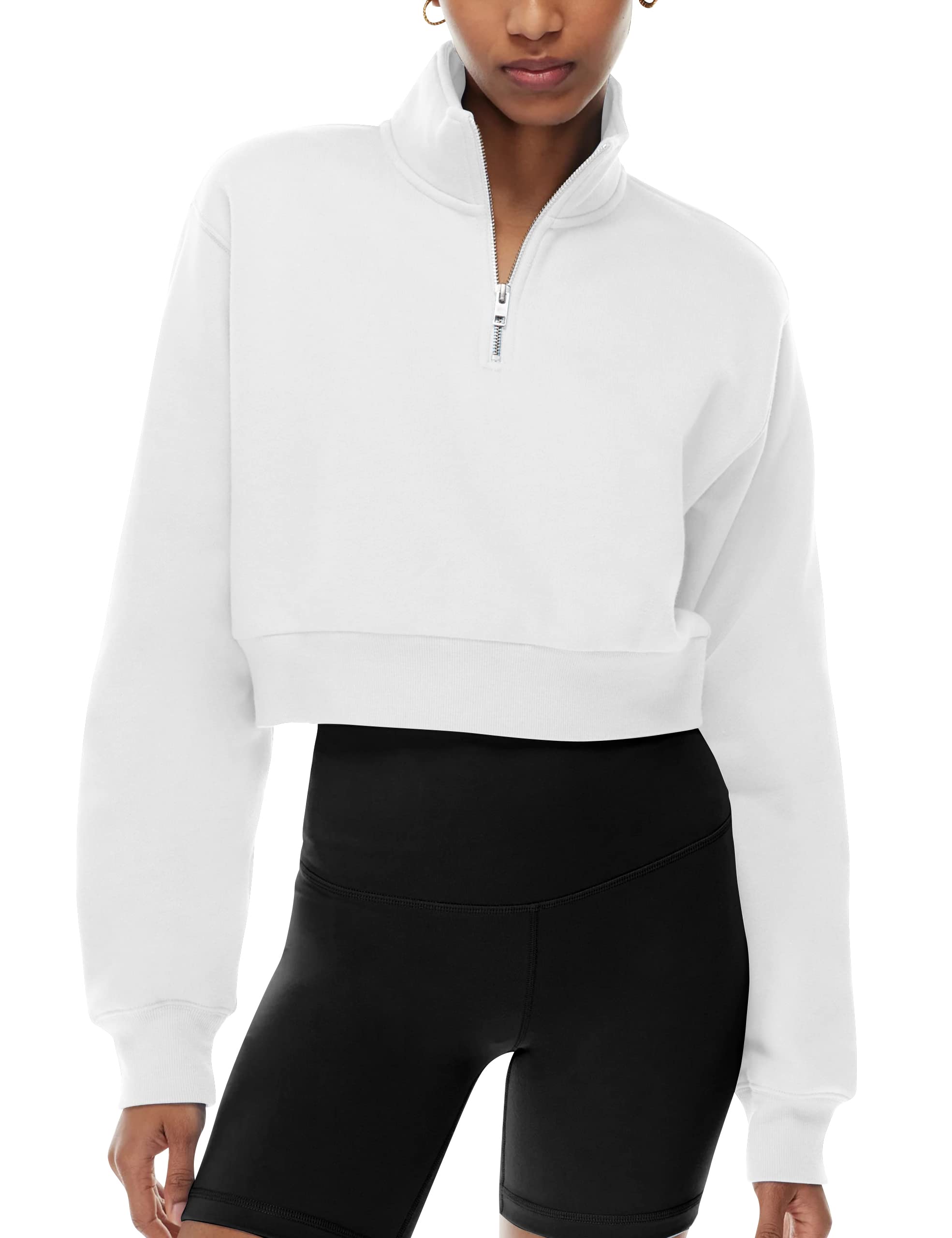 SAFRISIOR Women’s 1/4 Zip Sweatshirt Quarter Zipper Collar Drop Shoulder Long Sleeve Half Zip Cropped Pullover Top A-white