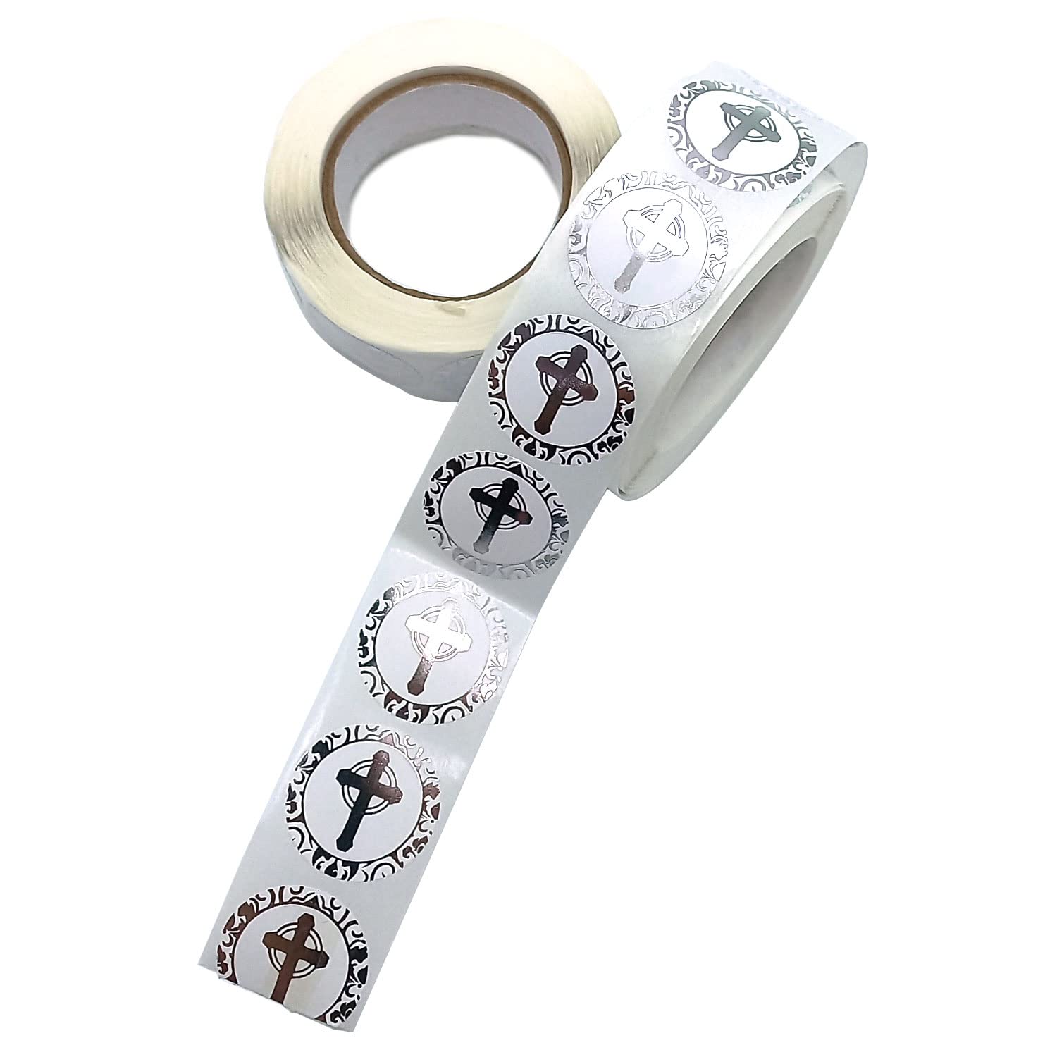 SUPIA 2 Pack 500-Piece Total 1000 Christian Cross Sticker Roll, Design Round Labels with Gold Foil Finish Christening, Communion, Occassions, Envelope Seals, 1 inch/2.5 cm in Dia (Silver), (DF-136)