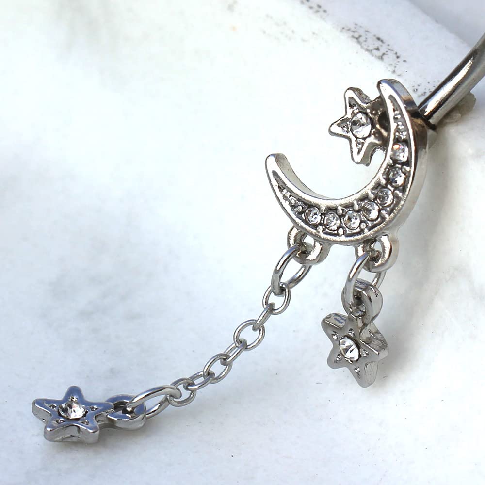 Pierced Owl 14GA 316L Stainless Steel Moon and Stars Dangling Belly Button Ring