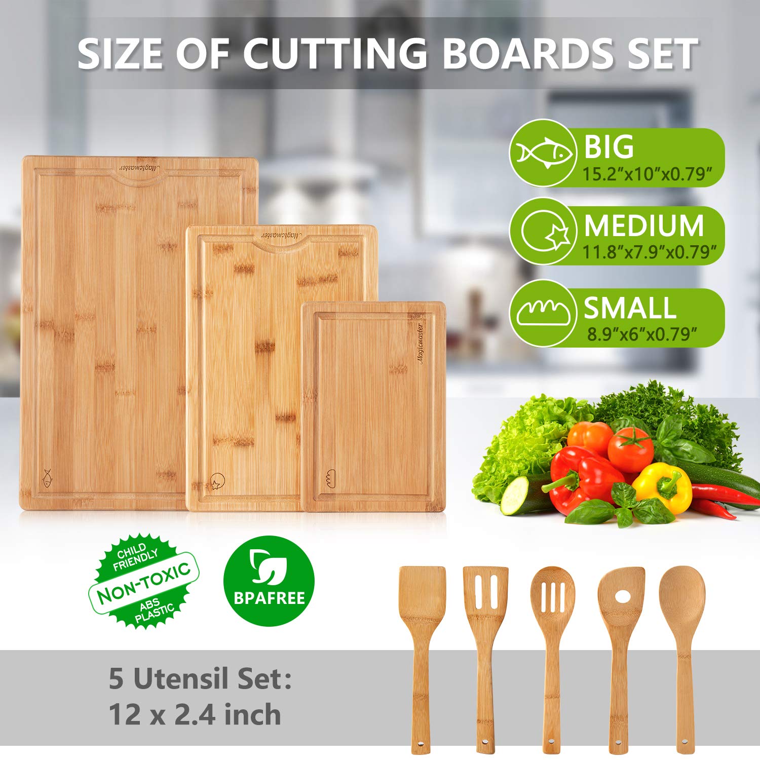 Magicmaster Bamboo Cutting Board, 3 Pcs Wood Cutting Boards for Kitchen, Wood Cutting Board Set with Juice Groove, Chopping Board for Meat Fruits Cheese and Vegetables