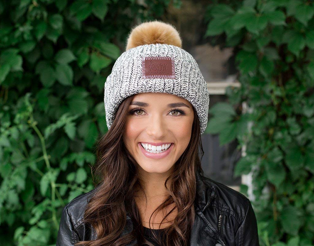 Love Your Melon Beanie Unisex Black Speckled Natural Pom Winter Beanies 100% Cotton Made