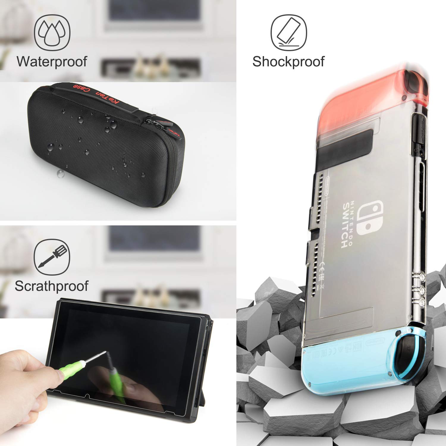 Keten 13 in 1 Switch Accessories Kit, Including Travel Carrying Case, NS Switch Clear Cover Case, Adjustable Stand, Tempered Glass Screen Protector (2 Packs)