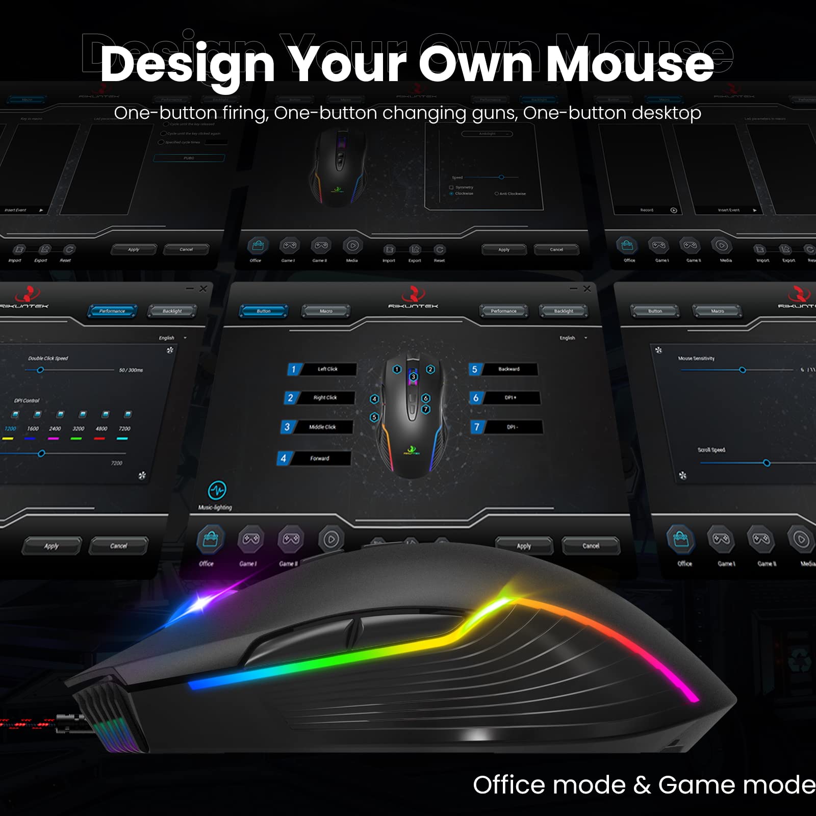 RIIKUNTEK Gaming Mouse Wired, Computer Mouse with 7 Programmable Buttons(One-key Fire/Desktop), 7200 DPI, 12 Backlits, Ergonomic Optical USB Game Mouse with Side Buttons for PC, Laptop Black