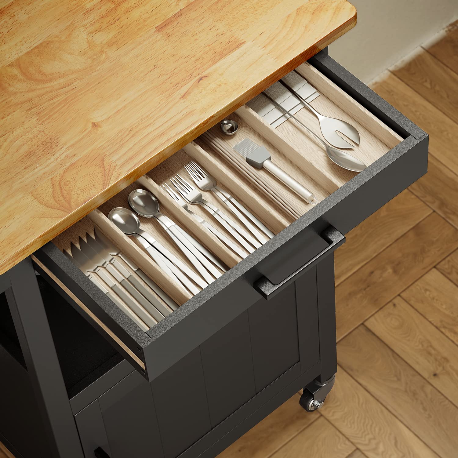 Kitchen Island Cart with Drawer on Wheels, Small Microwaves Stand, Home Coffee Bar, Rolling Kitchen Island Cart with Drawer, Storage Cabinet and Side Hook, Rubberwood, Black
