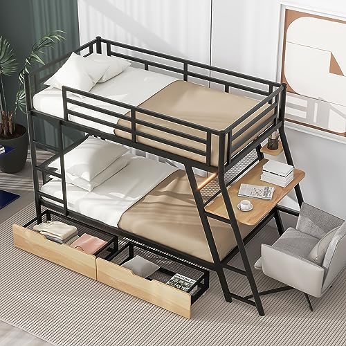 WADRI Modern Twin Size Bunk Bed with Built-in Desk and 2 Drawers, Metal Bunk Bed Frame with Light and Metal Slat Support for Kids Teens Boys Girls Bedroom