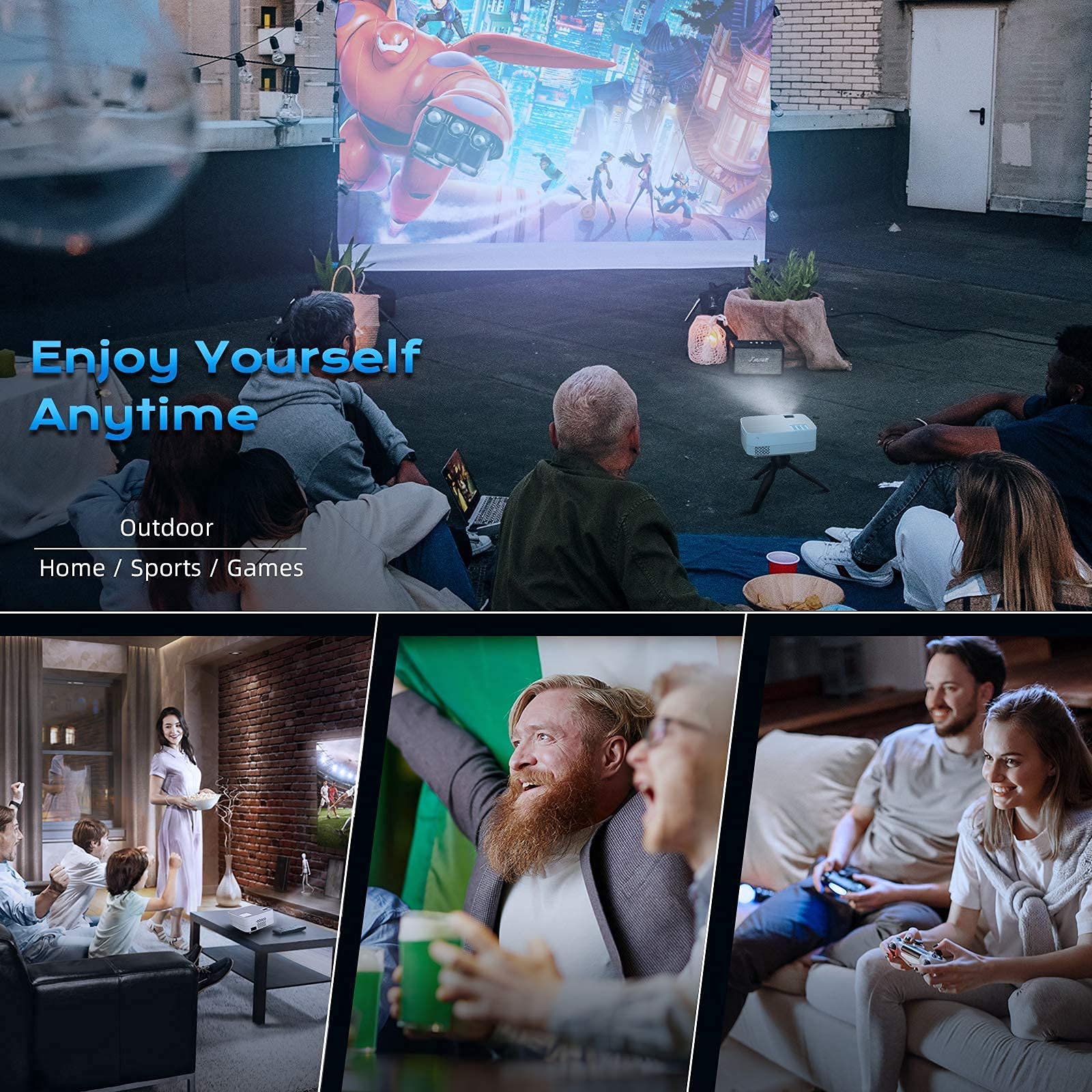 Movie Projector,6500 Lumens 1080P Supported HiFi Speaker for Home Theater Projector, 60,000 Hours LED lamp Life Outdoor Video Projector Compatible with TV Stick/Switch/Laptop/PS5/USB/HD Bloomidea
