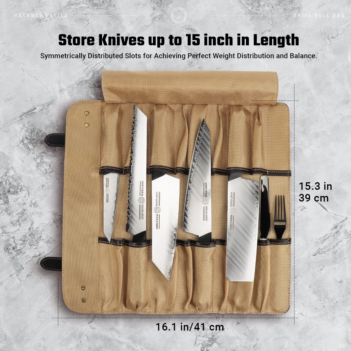 Vosteed Leather Knife Roll Bag - Chef Knife Storage Bag with 16 Slots, Lightweight Kitchen Knife Carrying Roll Case for Chefs Professional, Multi Purpose Knife Wrap Roll Holders for Kitchen Utensils