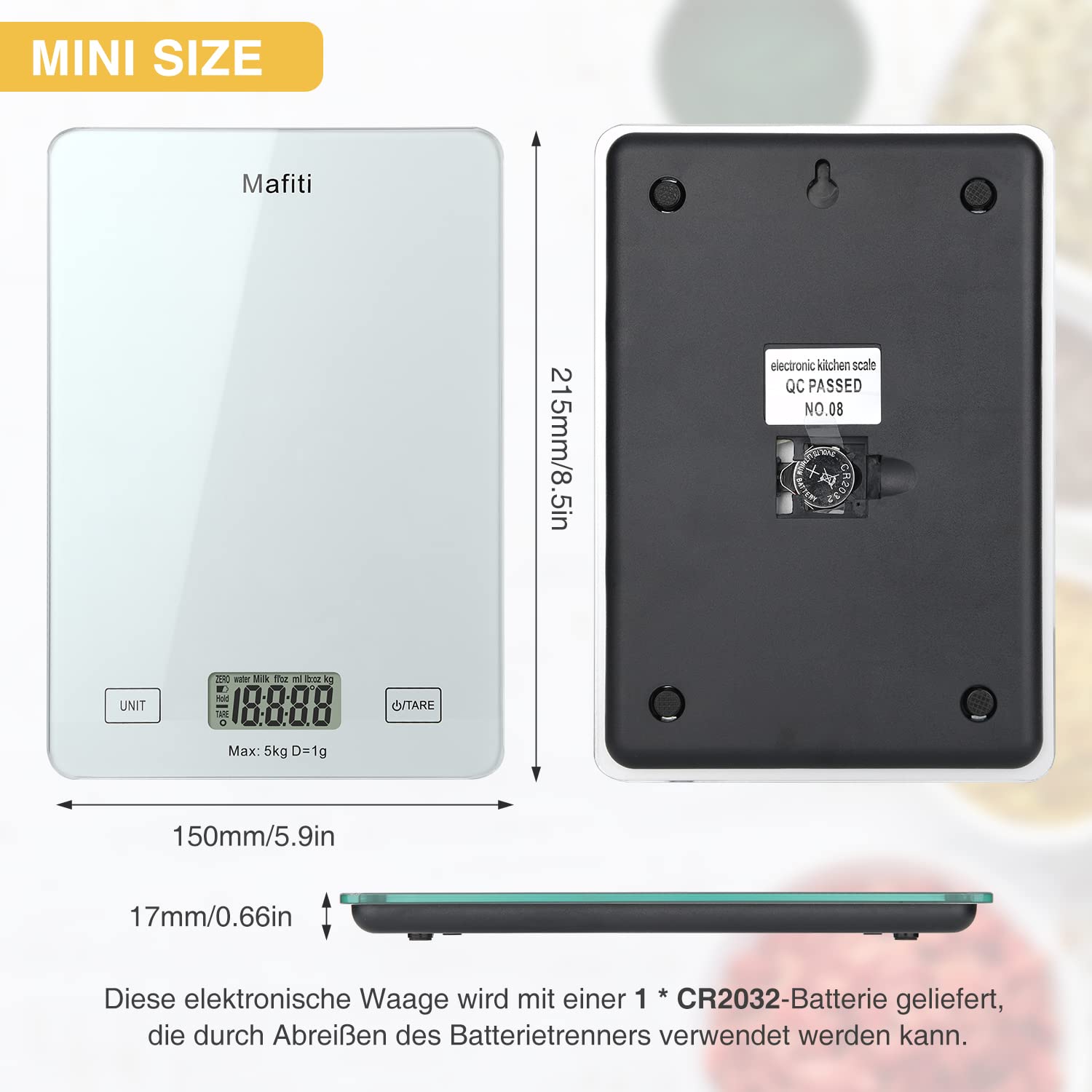 Kitchen Scale, Mafiti Digital Kitchen Scales 11lb/5kgX1g, Multifunction Measures in Kg, g, lb and OZ Digital Kitchen Weight for Food, Cooking and Baking,LCD Display(Silver)
