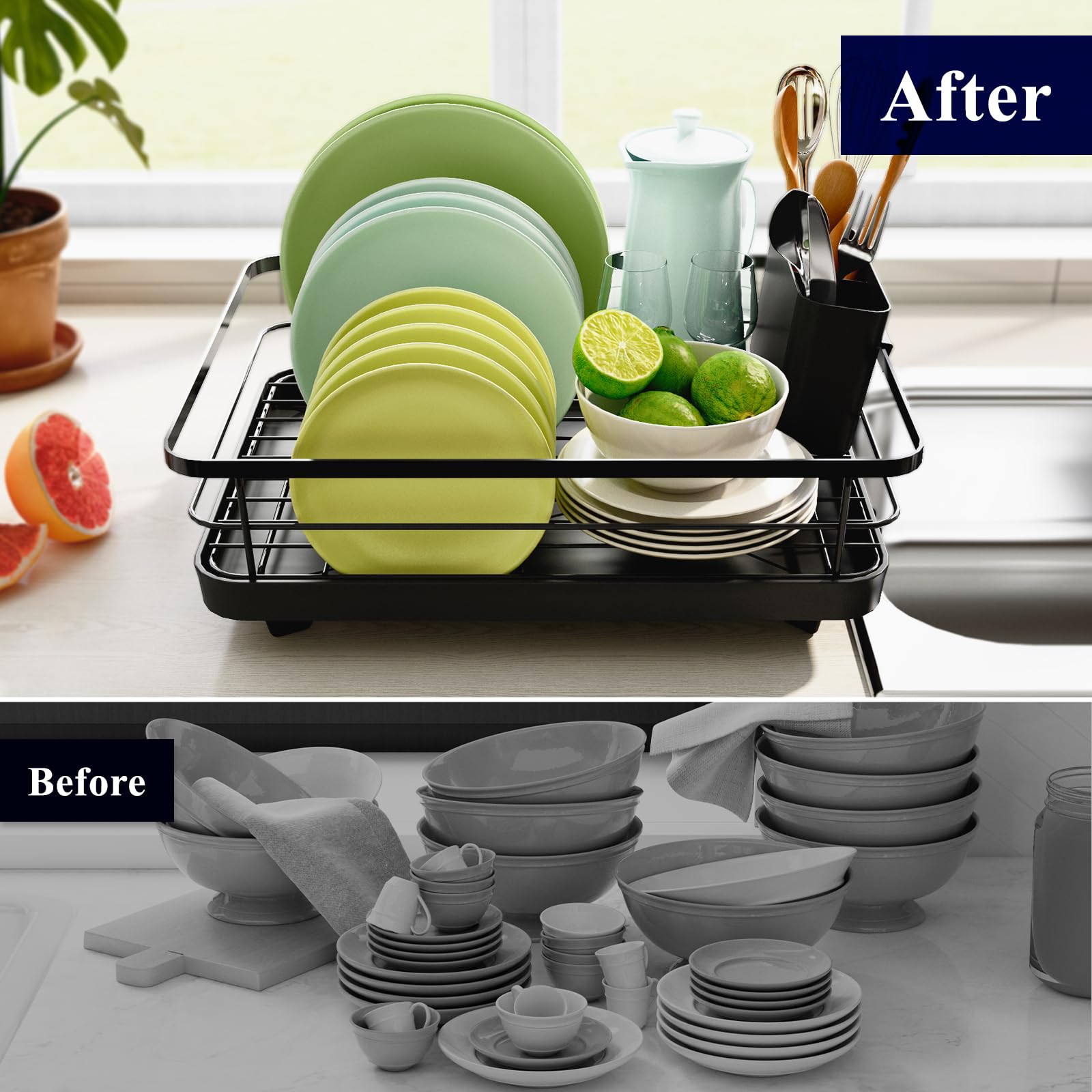 Kitsure Dish Drying Rack - Small Dish Racks for Kitchen Counter, Dish Rack with Adjustable Water Outlet, Stainless Steel Dish Drainers for Kitchen Counter, Drying Rack for Kitchen, Black