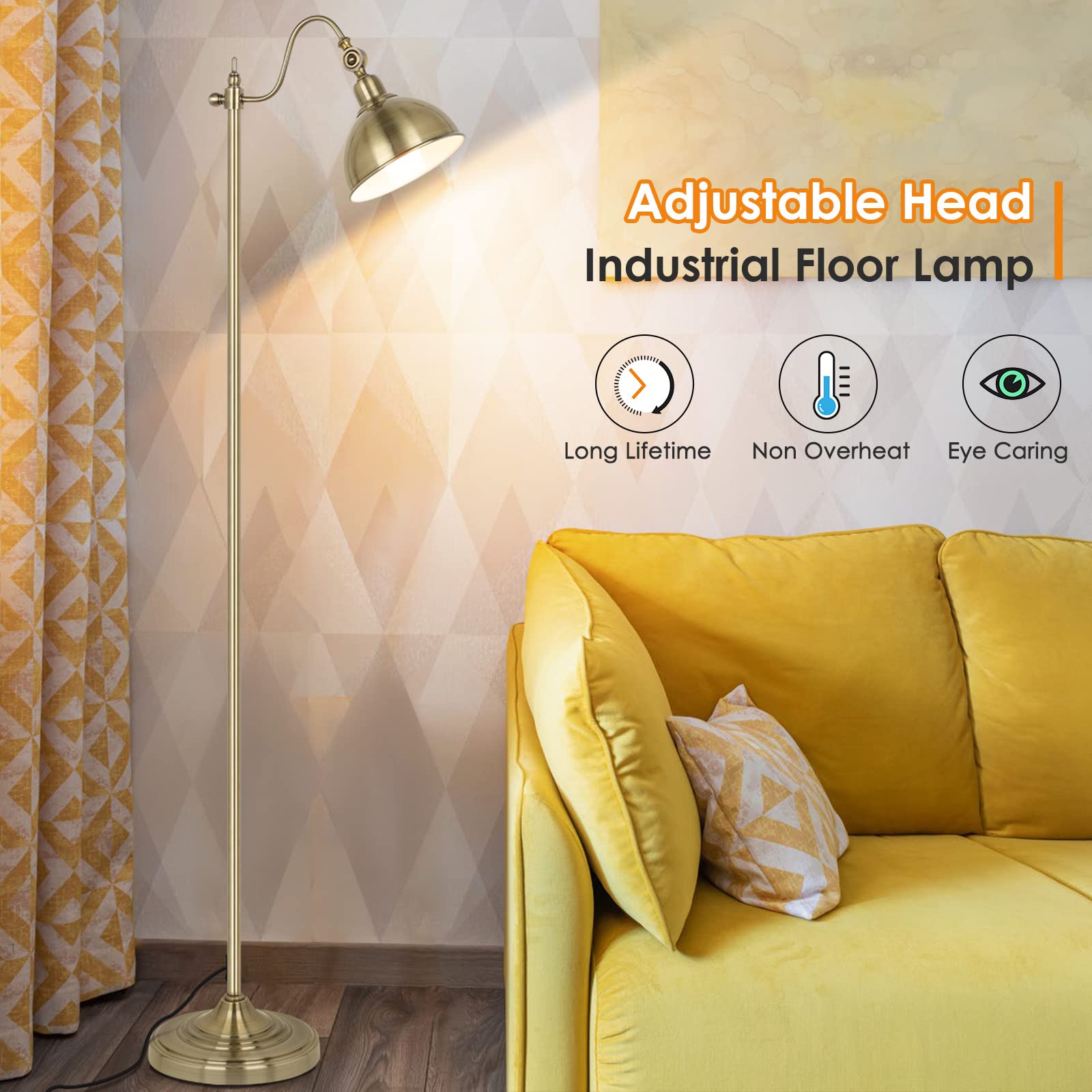 Mlambert Industrial Floor Lamp,63” LED Floor Lamp with LED Bulb,Adjustable Metal Head,Foot Switch,Tall Lamp for Livingroom,Bedroom,Corner Lamp- Brass