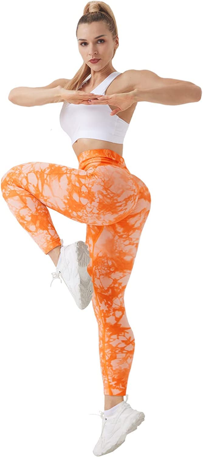 SONGSKY Seamless Leggings for Women,High Waist Workout Yoga Pants,Ruched Booty Compression Tights(CK2883_Orange_S)