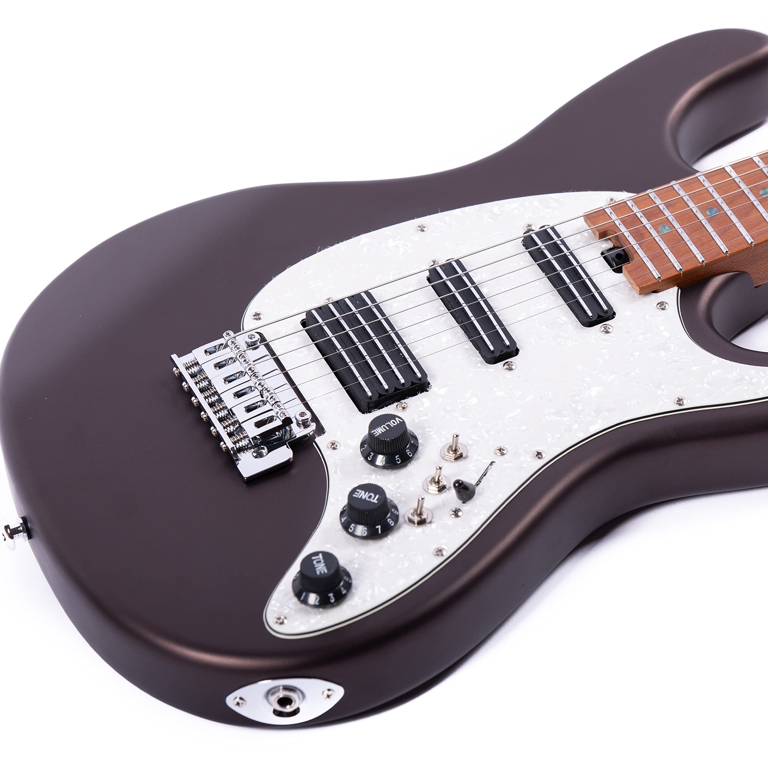 Volgoa VVS 6-String Solid Body Electric Guitar with Alder Body,Stainless Steel Frets,Featuring Tremolo System, with Plastic Pearl Pickguard and String Tree (Metallic brown)