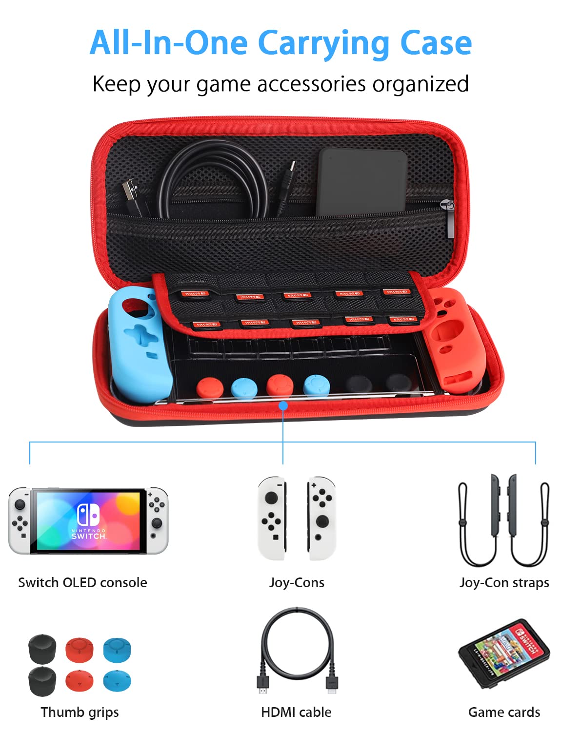 NexiGo 15-in-1 Carrying Case Holiday Bundle for Nintendo Switch and New Switch OLED, Game Accessories with Protective Case, Joystick Cap, Screen Protector, 10 Game Cartridges