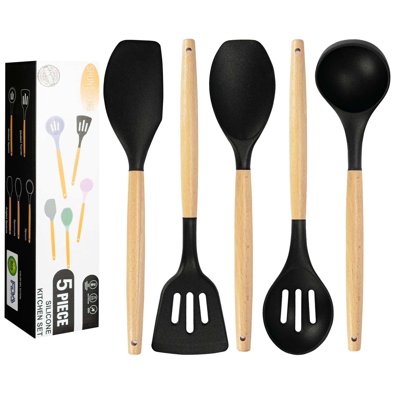 Kitchen Silicone Utensil Set,12 Pcs Non-Stick Silicone Kitchen Cooking Utensils With Wood Handles,Kitchen Spatula Cookware Utensils Set for High Heat Resistant Silicone kitchen Gadgets Set(Black)