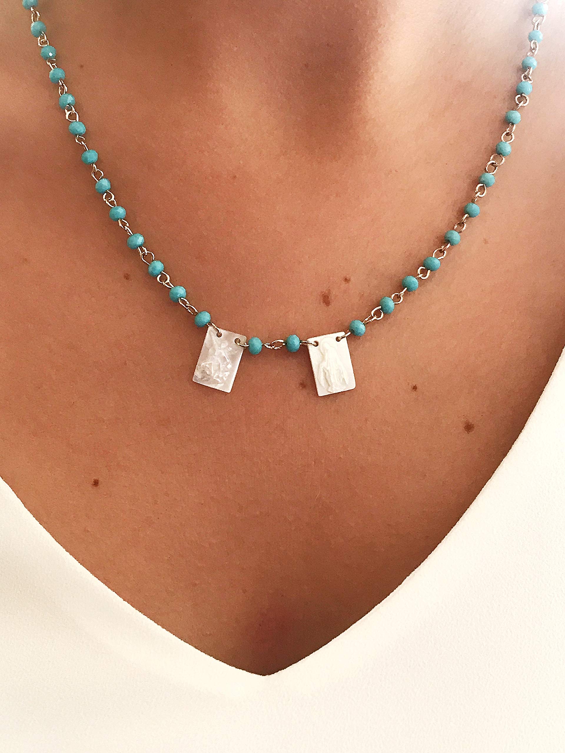 LESLIE BOULES Catholic Scapular Necklace 18 Inches Length Turquoise Crystal Beads Chain