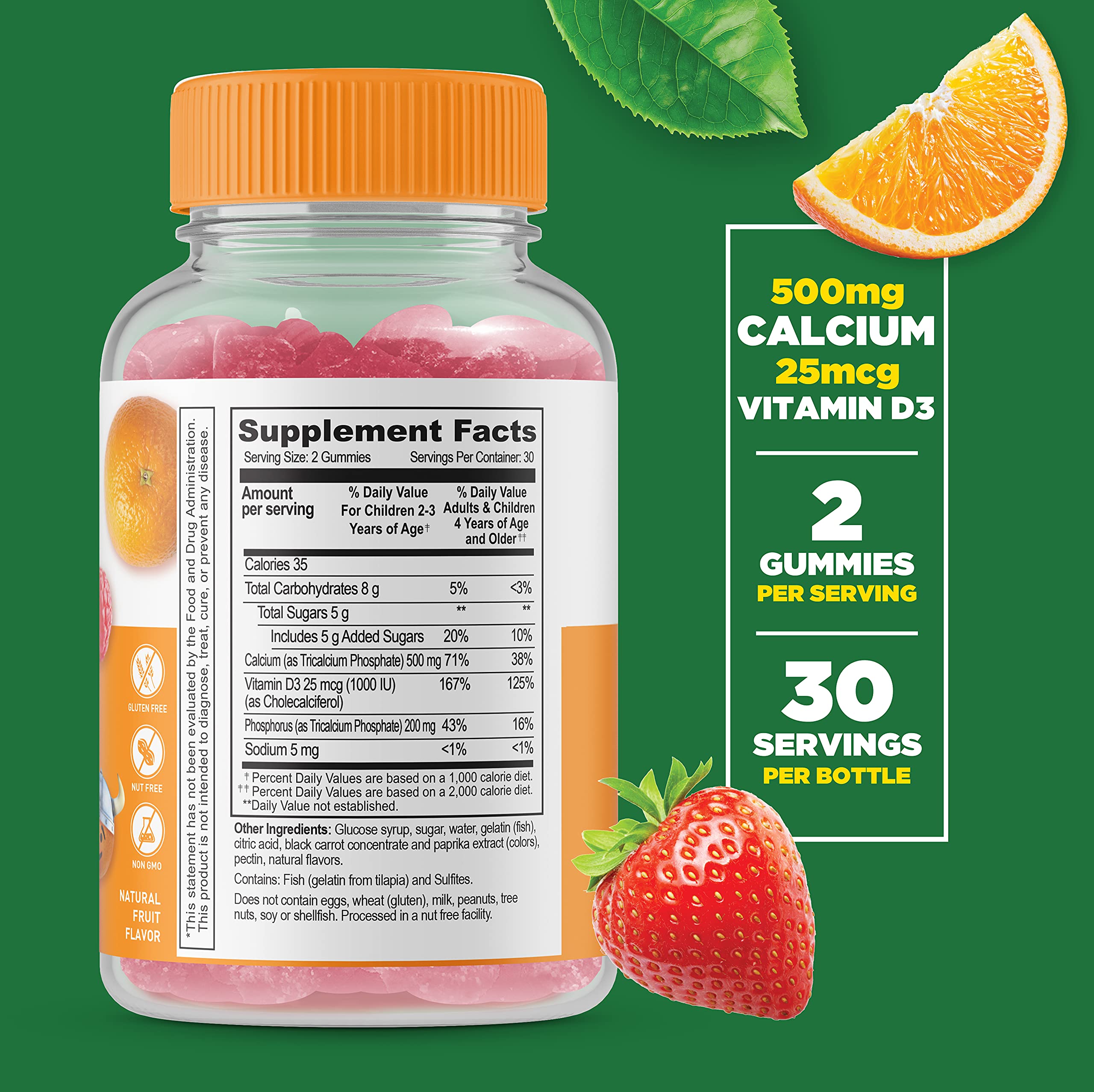 Lifeable Calcium 500 mg with Vitamin D3 1000 IU Gummies for Kids - Natural Flavor Vitamin Supplements - Gluten Free GMO-Free Chewable - for Bone, Groth, Teeth - for Children - 60 Gummies