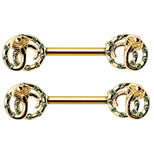 Pierced Owl 14GA Gold Plated Coiled Up Cobra Snake with Green Crystals Nipple Barbells, Sold as a Pair